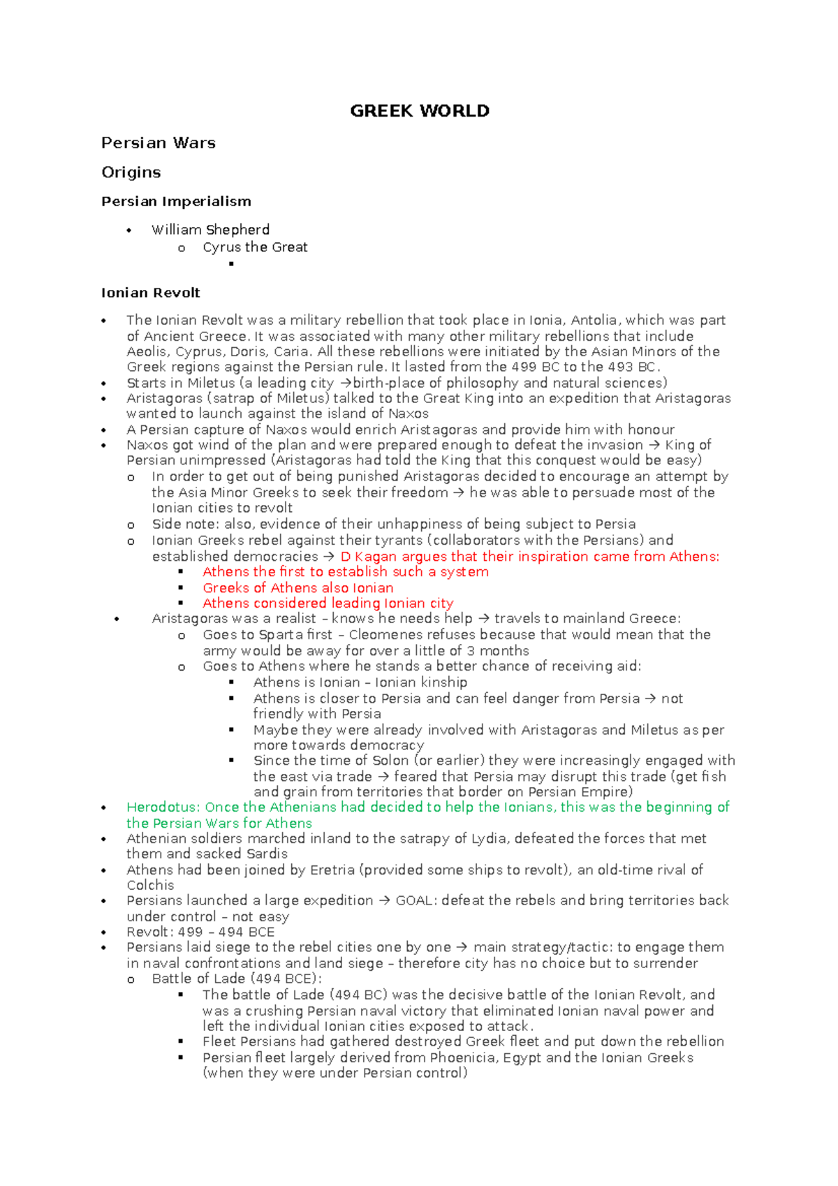 Greek World Notes - HSC - GREEK WORLD Persian Wars Origins Persian ...