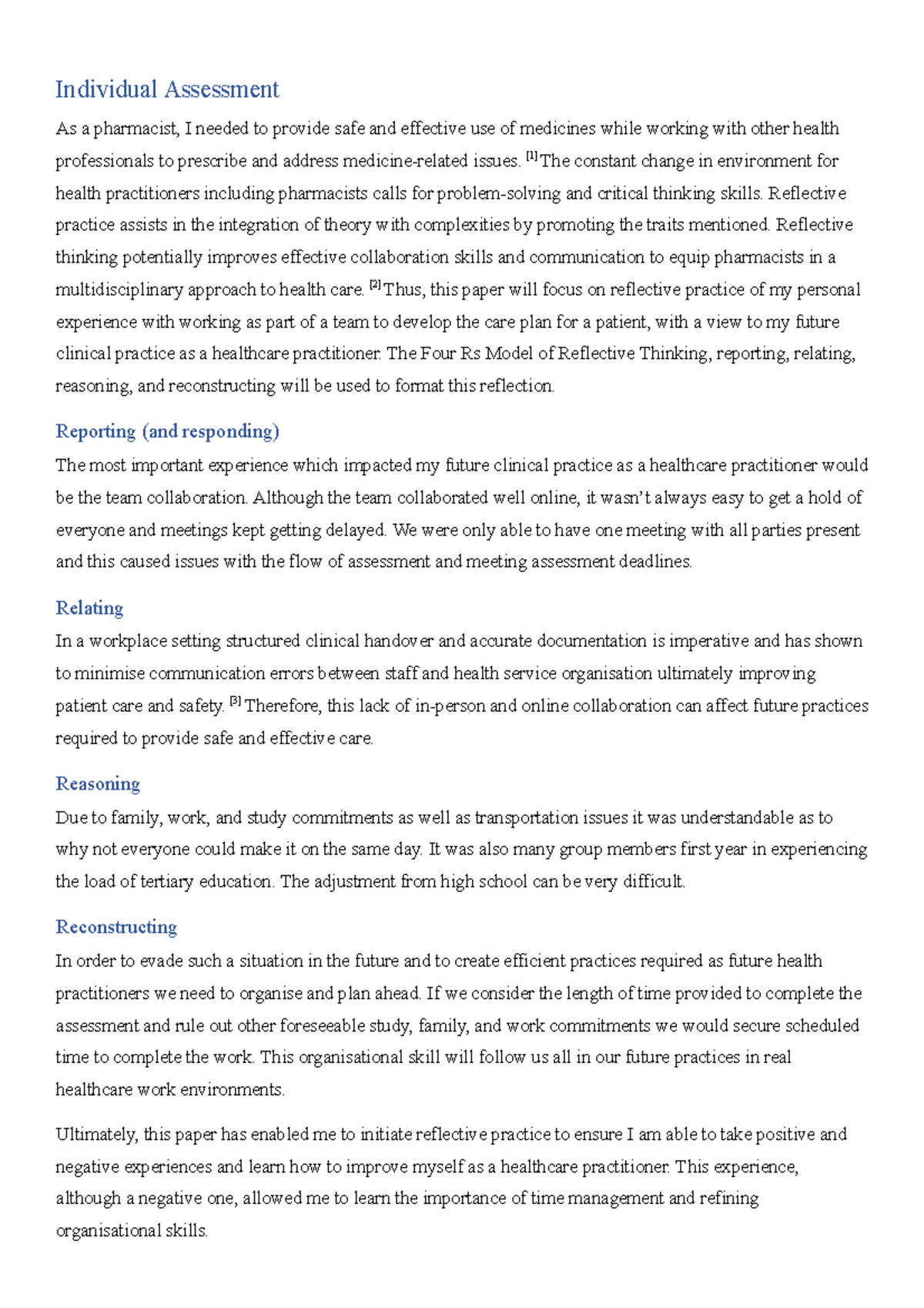 Individual Reflection - Individual Assessment As a pharmacist, I needed ...
