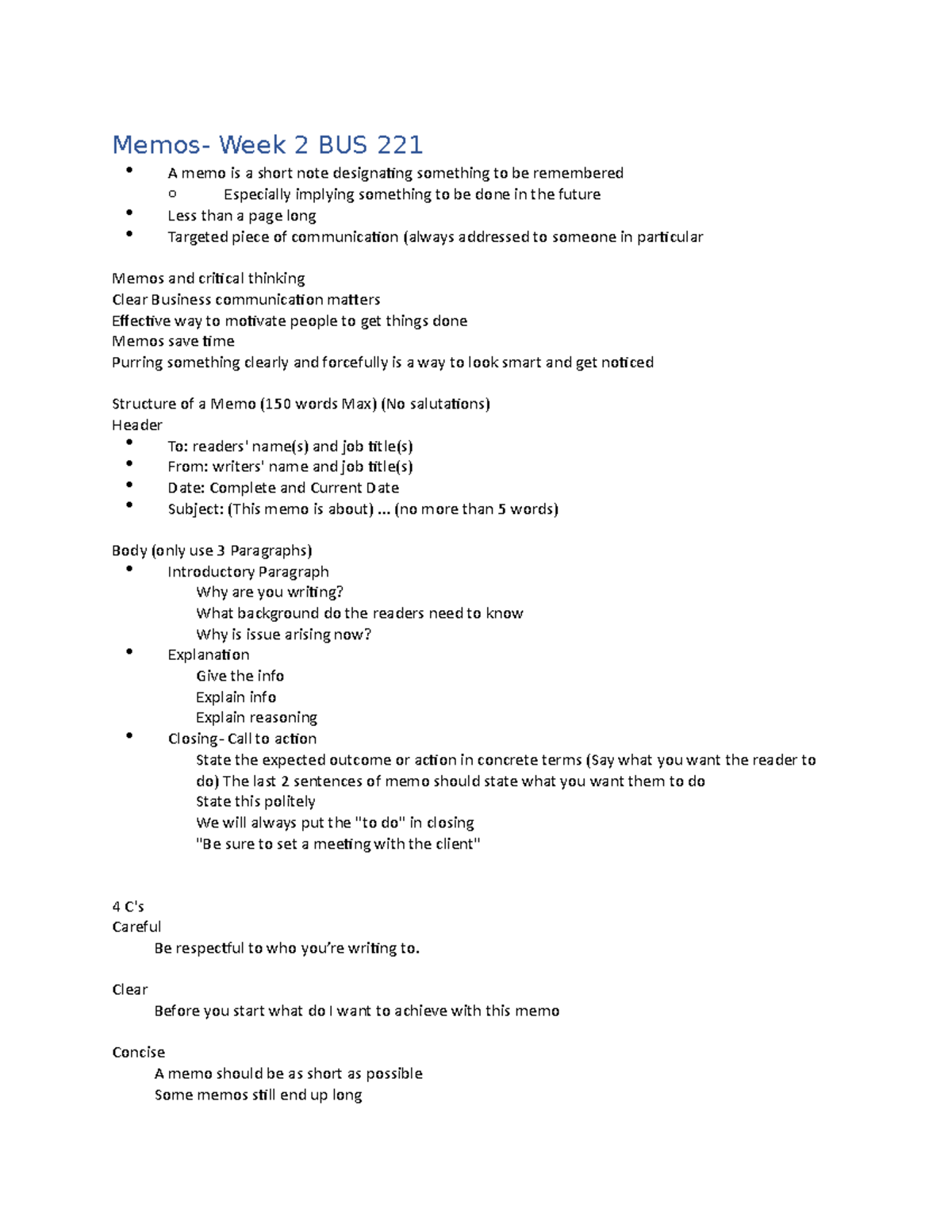 Week 2 BUS 221 Lecture Notes - Memos- Week 2 BUS 221 A memo is a short ...