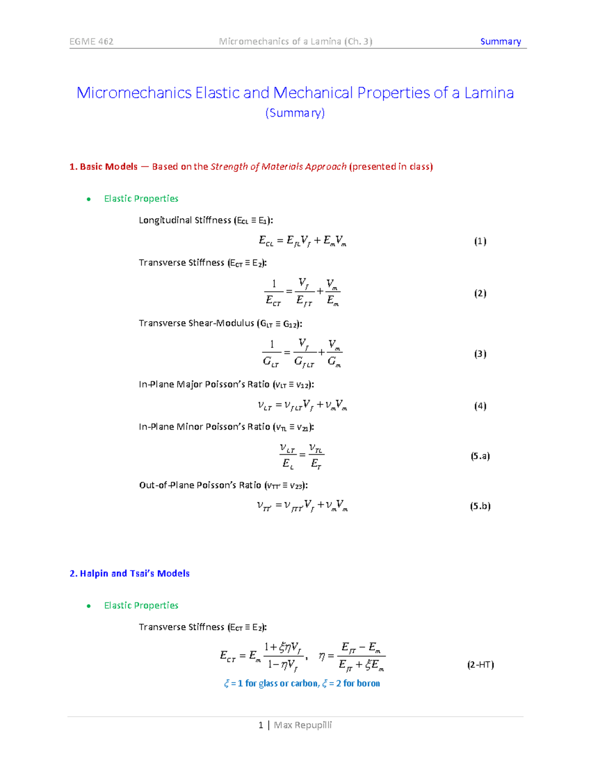 Egme462-Micromechanics Of Lamina-Models - EGME 462 Micromechanics of a ...