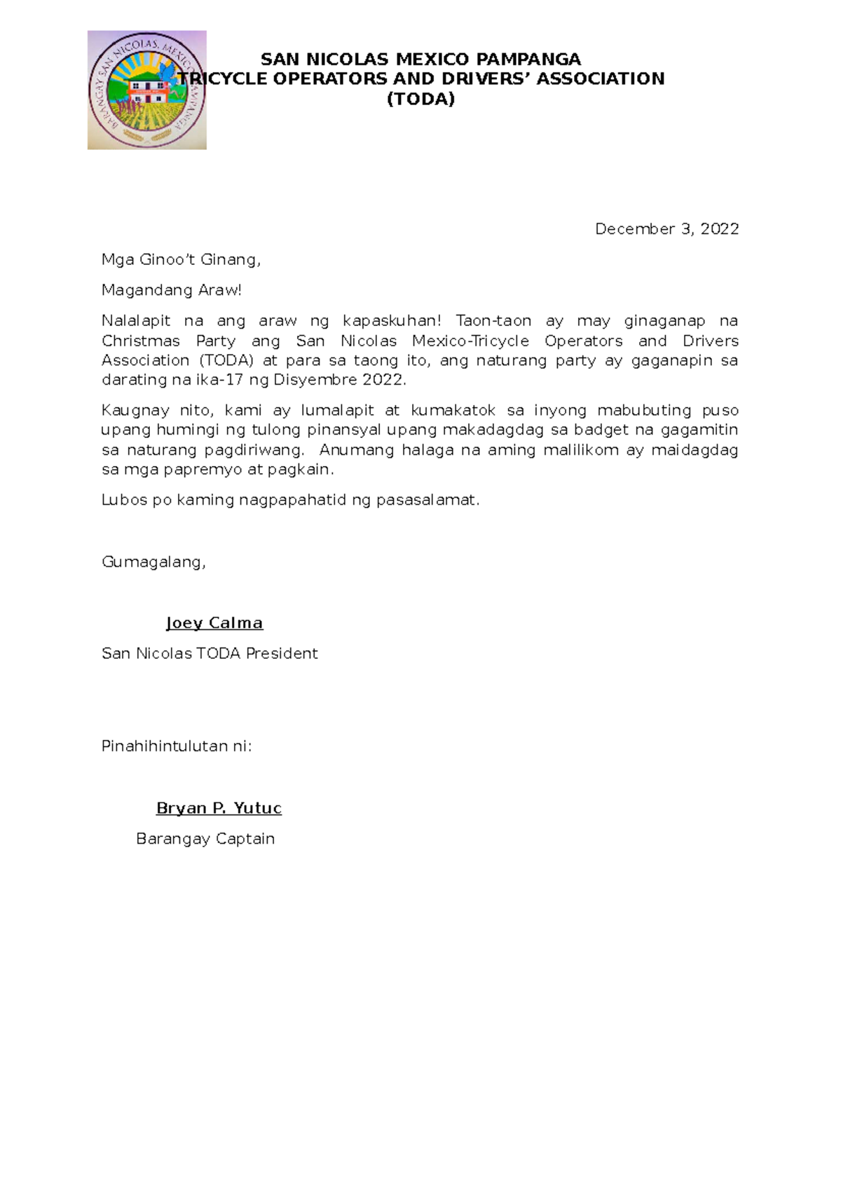 Solicit letter - SAN NICOLAS MEXICO PAMPANGA TRICYCLE OPERATORS AND ...