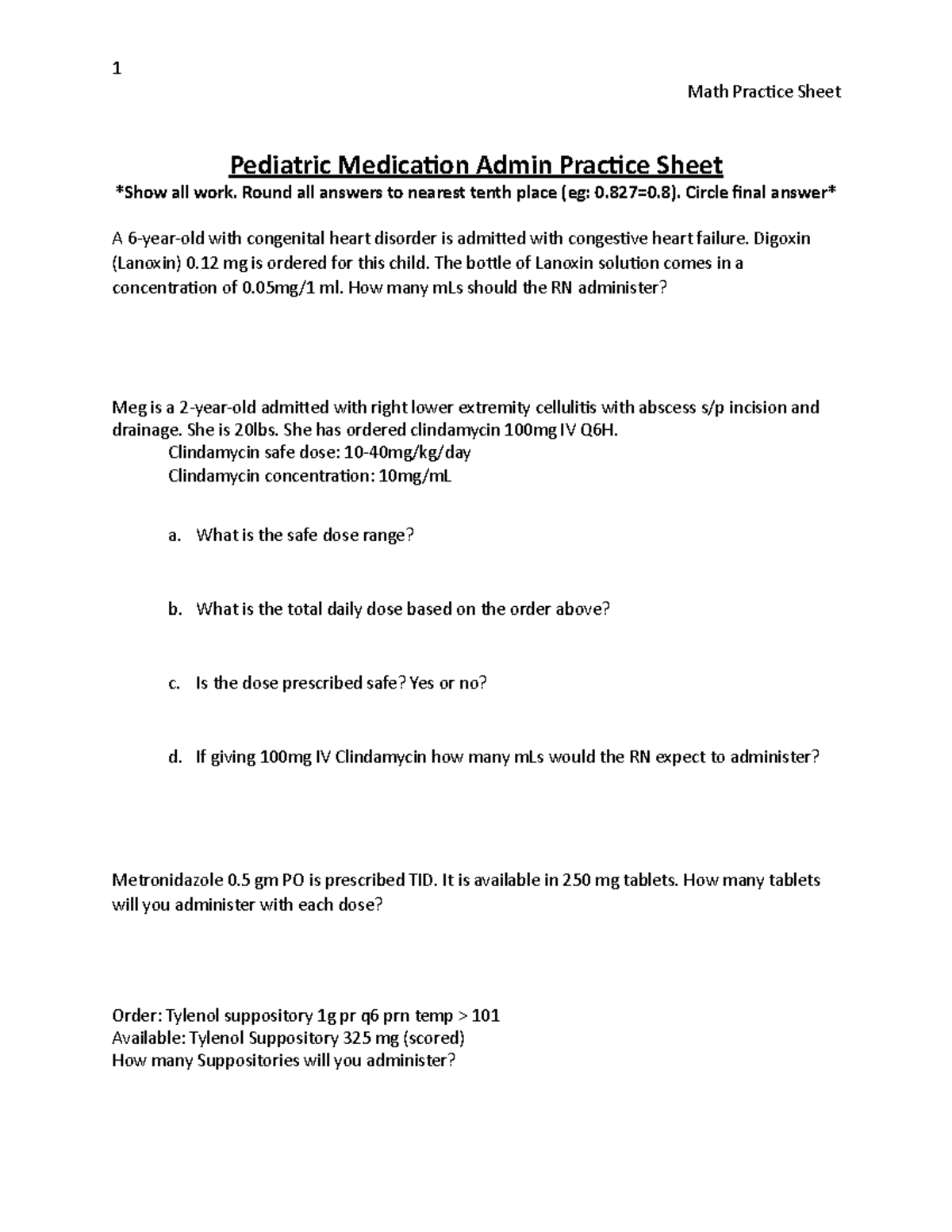NUR 4010 Practice Problems - Math Practice Sheet Pediatric Medication ...