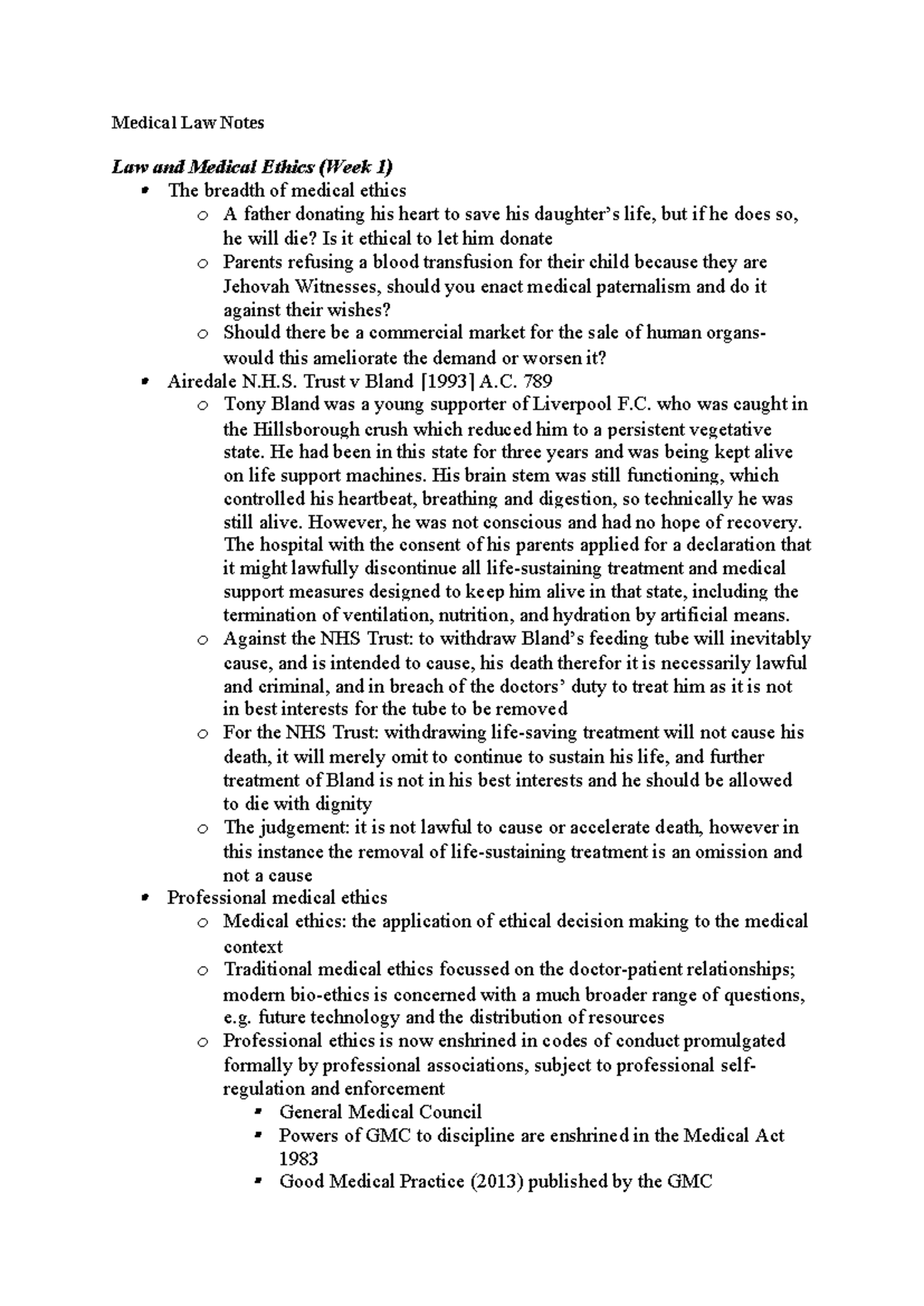 Medical Law Notes - Medical Law Notes Law and Medical Ethics (Week 1 ...