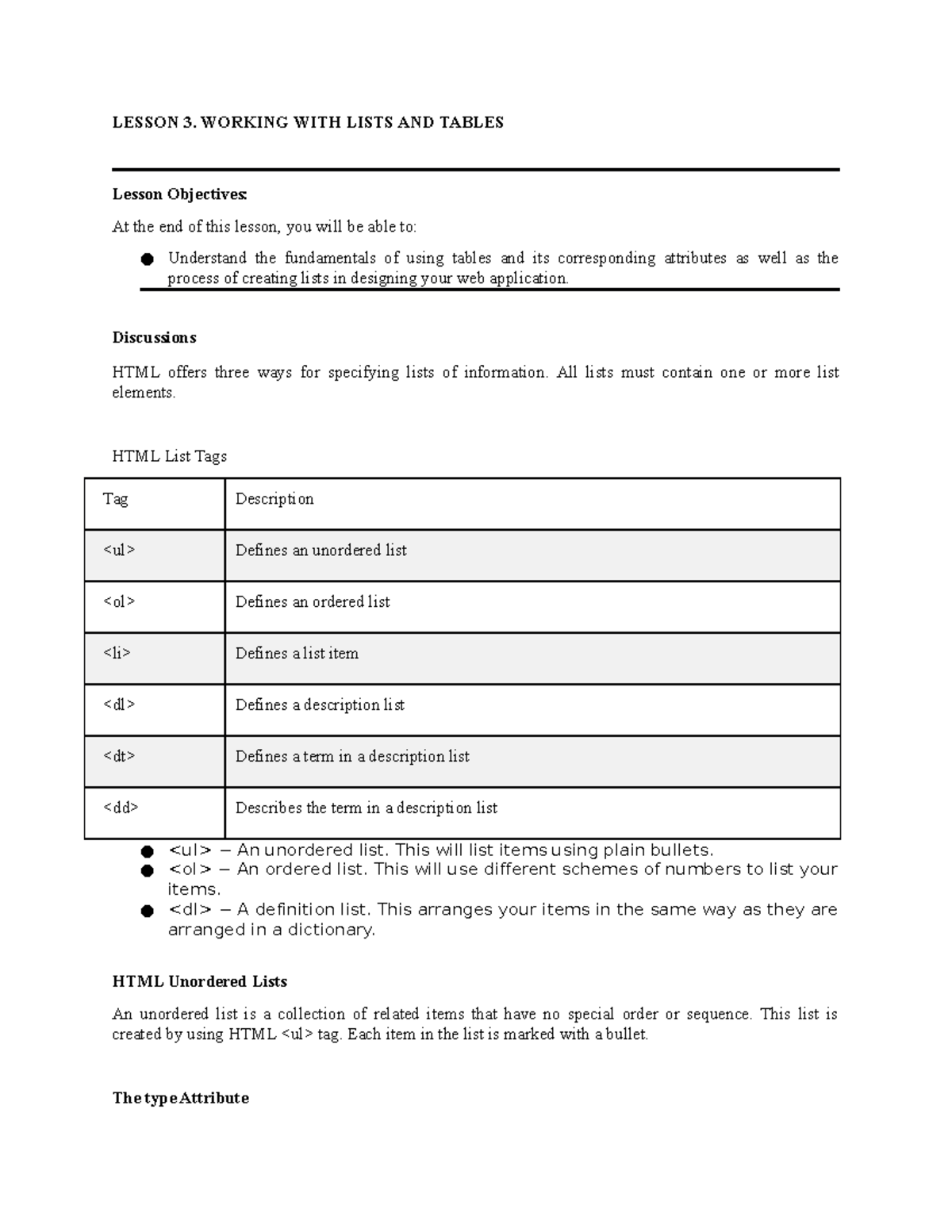 IT221Lesson 3and4 - n/a - LESSON 3. WORKING WITH LISTS AND TABLES ...