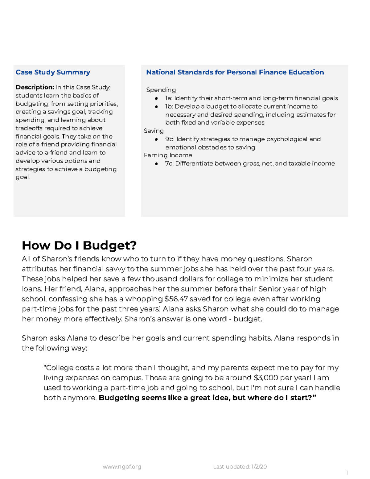 Using Budgeting Case Study How Do I Budget Case Study Summary 