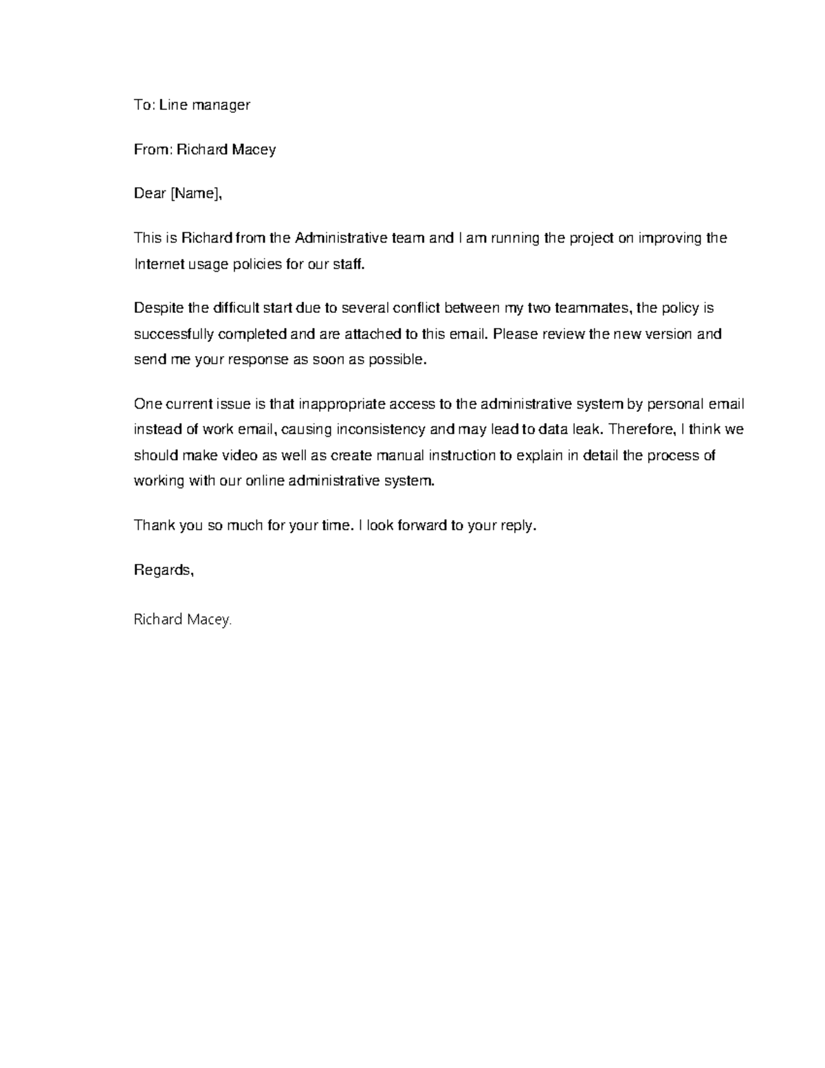 Richard Macey - Email to line manager - To: Line manager From: Richard ...