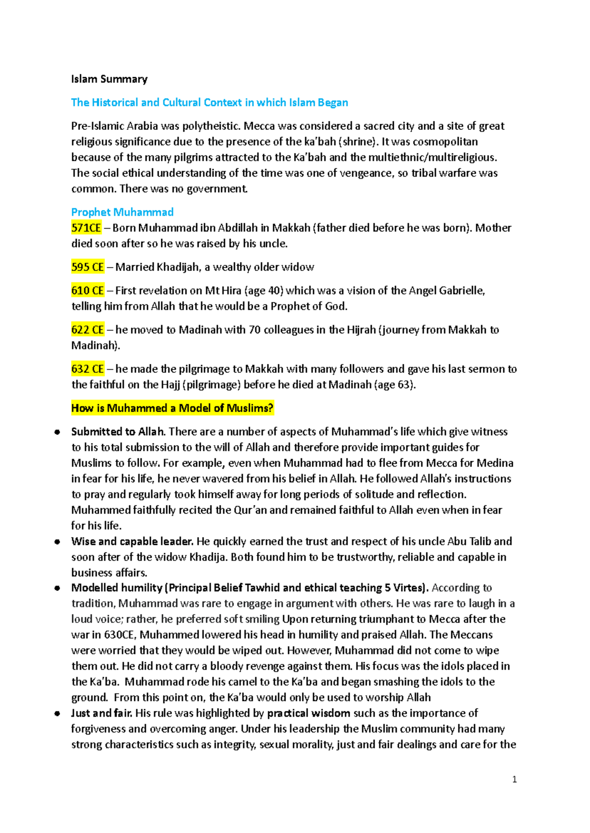 Prelim Exam Islam Summary - Islam Summary The Historical and Cultural ...