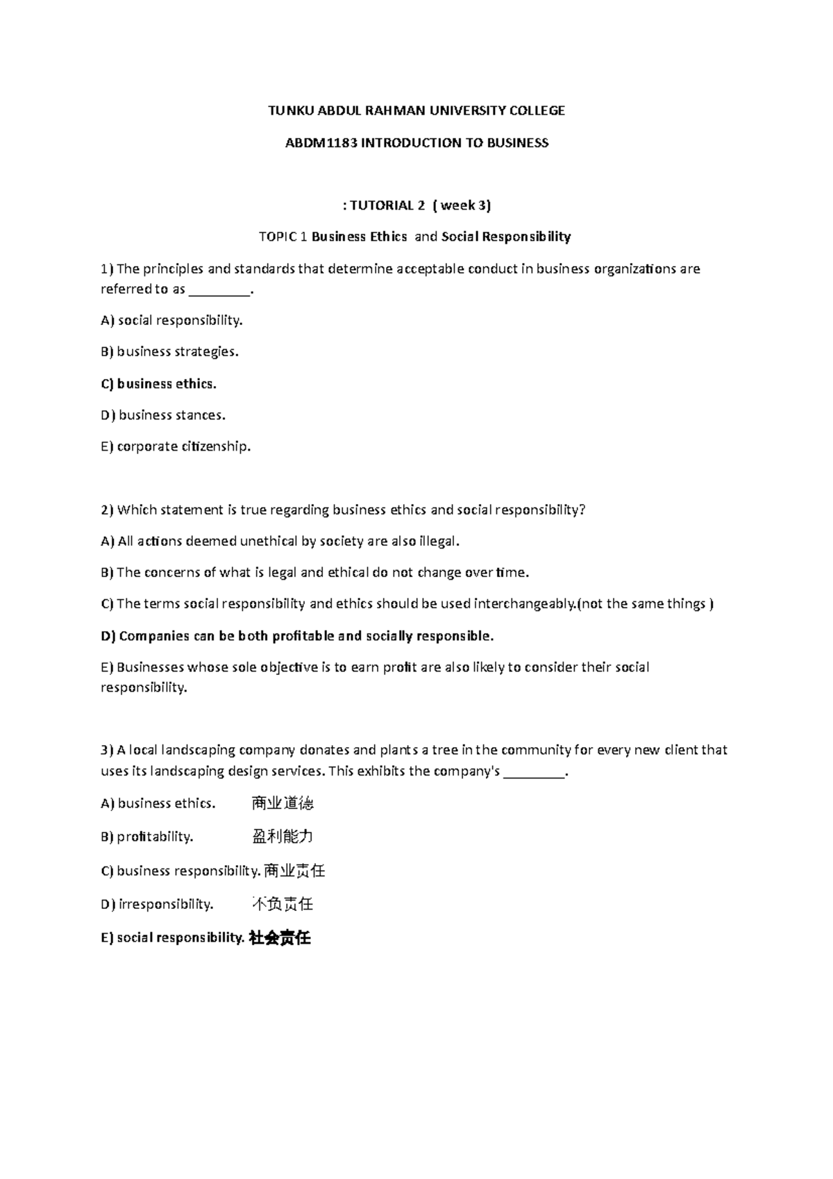 WK 3 tutorial 2 business ethic - TUNKU ABDUL RAHMAN UNIVERSITY COLLEGE ...