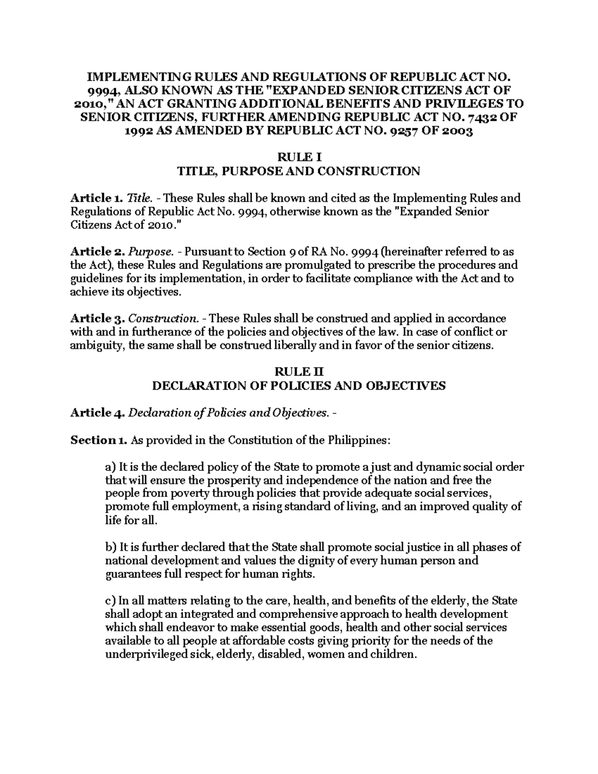 Republic Act 9994 or Expanded Senior Citizens Act - IMPLEMENTING RULES ...