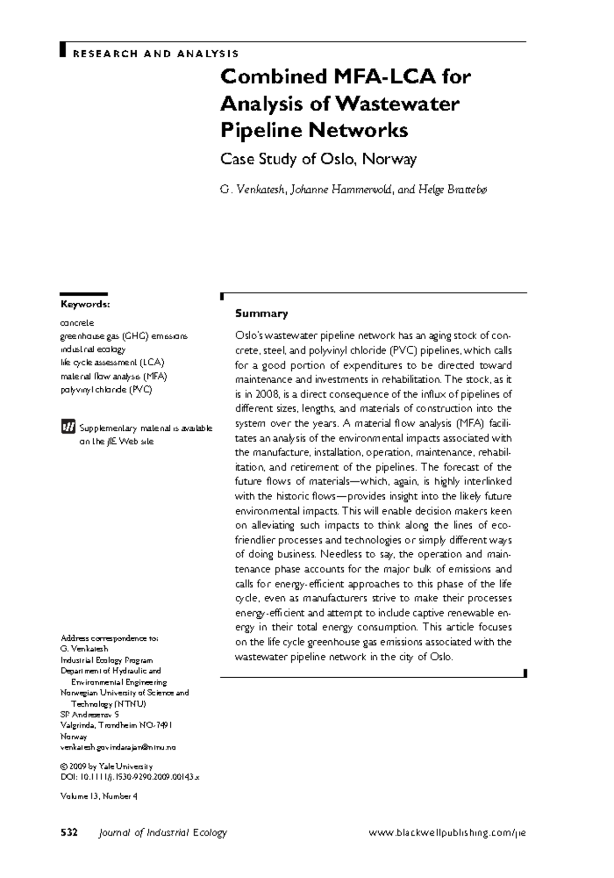 J of Industrial Ecology - 2009 - Venkatesh - Combined MFA‐LCA for ...