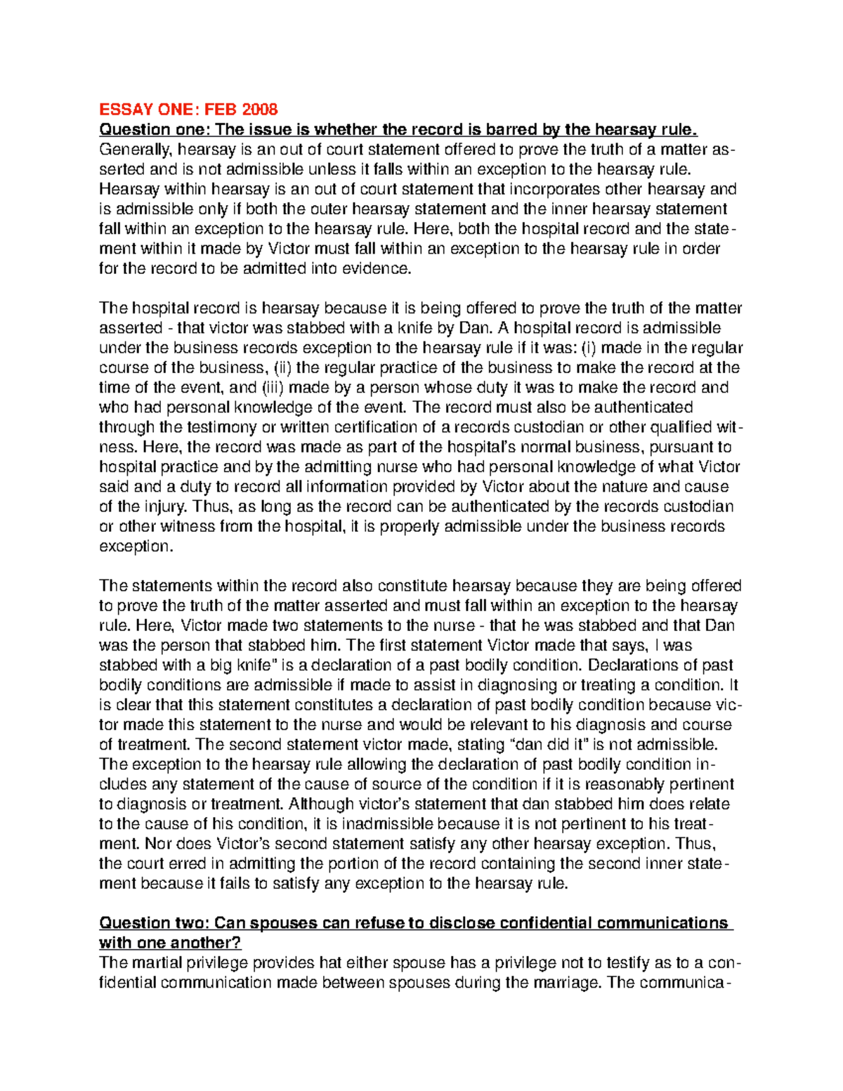 Evidence Essays from Past Mee Exams - ESSAY ONE: FEB 2008 Question one ...