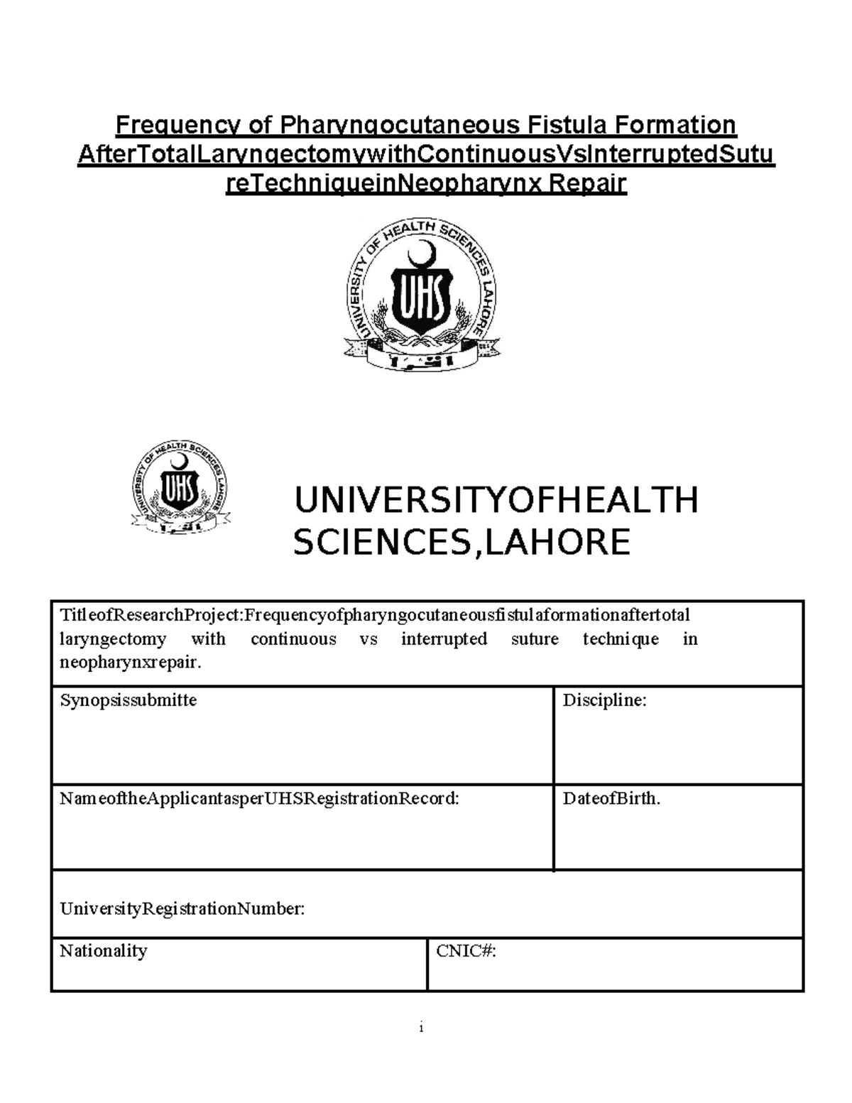 PCF synopsis final (1)edited - i Frequency of Pharyngocutaneous Fistula ...