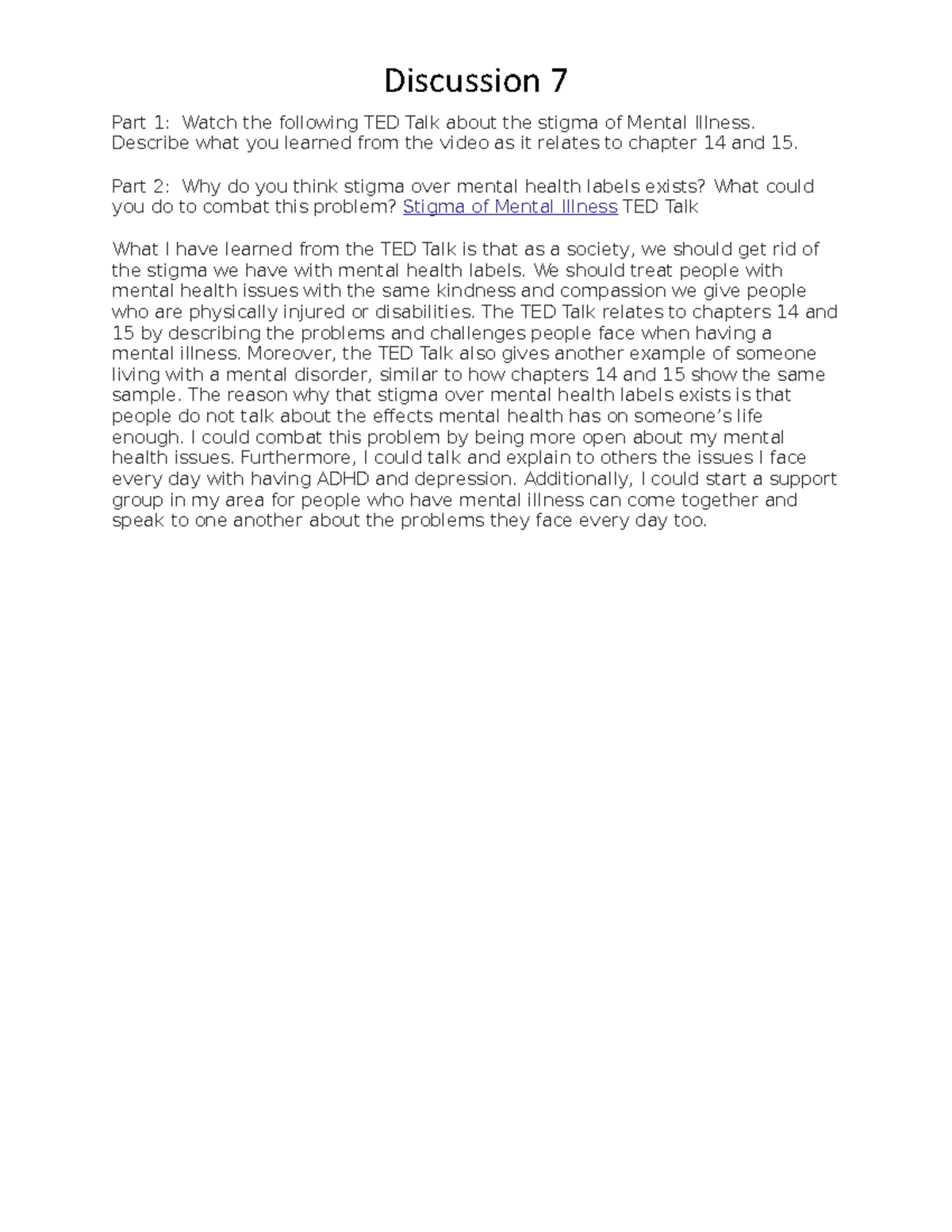 Discussion 7 - Mary Treuting - Discussion 7 Part 1: Watch the following ...