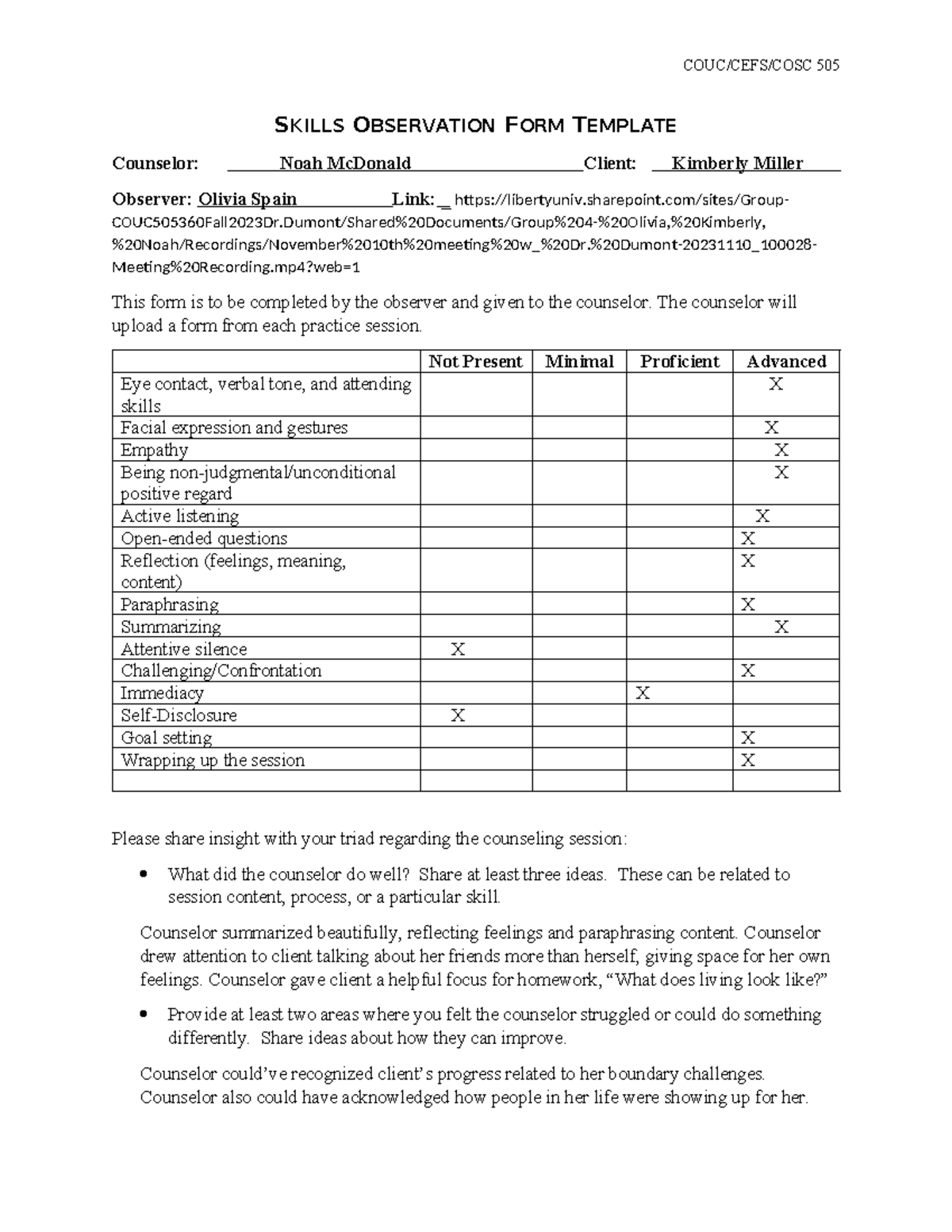 Noah - Nov. 10 Observation Form - COUC/CEFS/COSC 505 SKILLS OBSERVATION ...