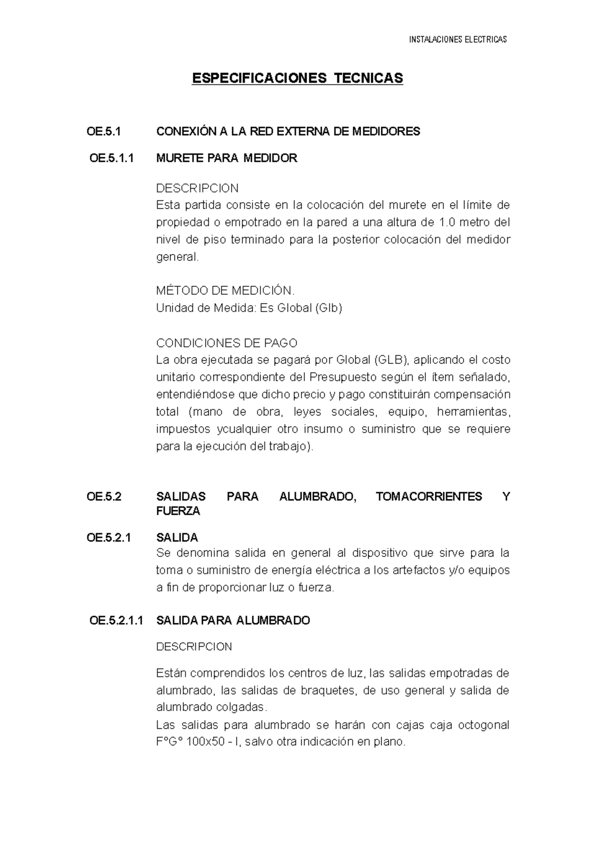 Especificaciones tecnicas proyecto instalaciones electricas - ESPECIFICACIONES TECNICAS OE.5 ...