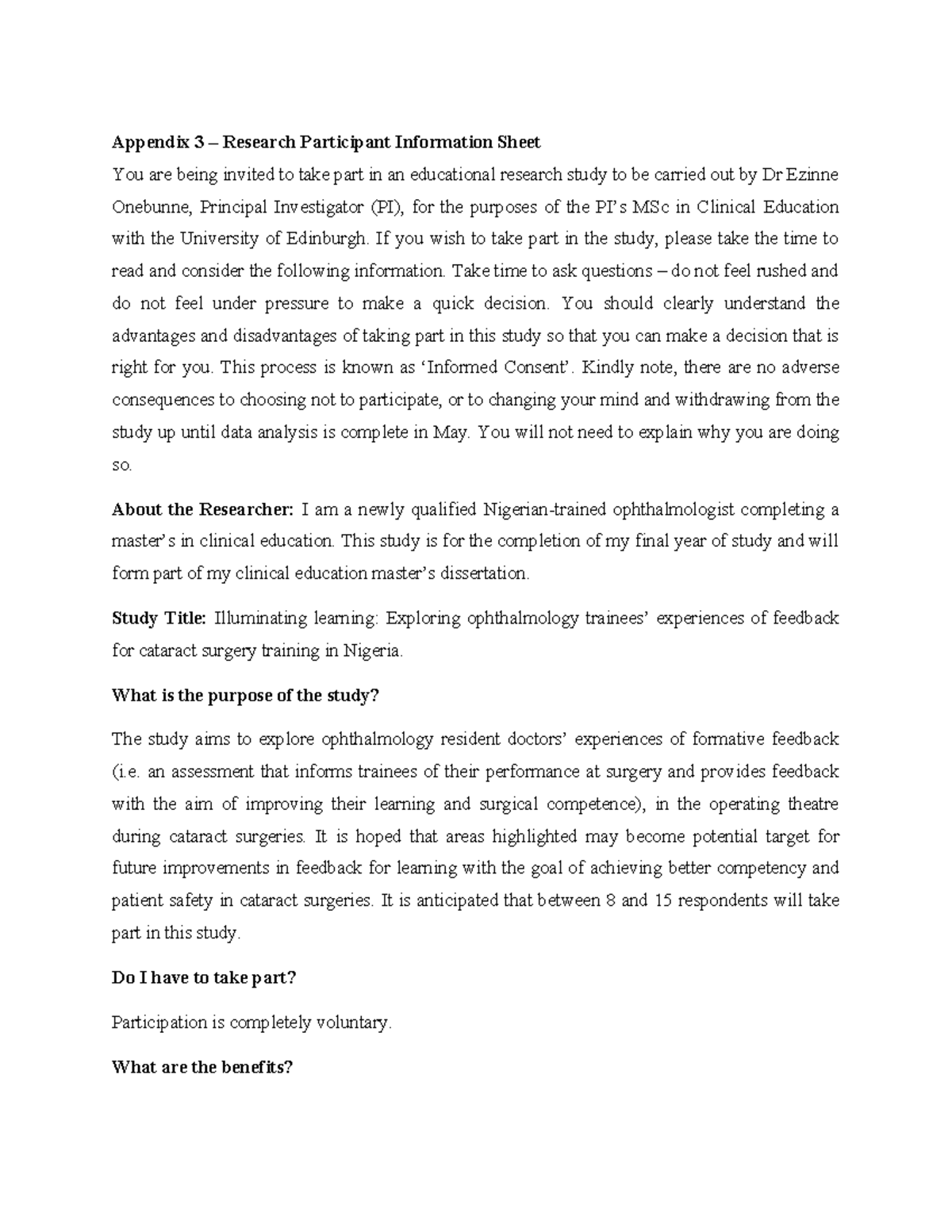 Participant information sheet and consent - Appendix 3 – Research ...
