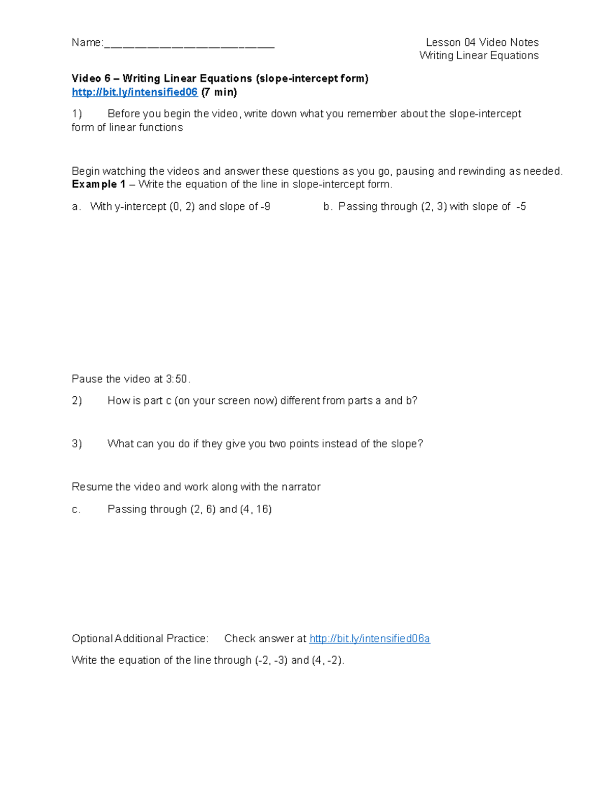 Lesson 04 Video Notes - Writing Linear Functions - Name ...