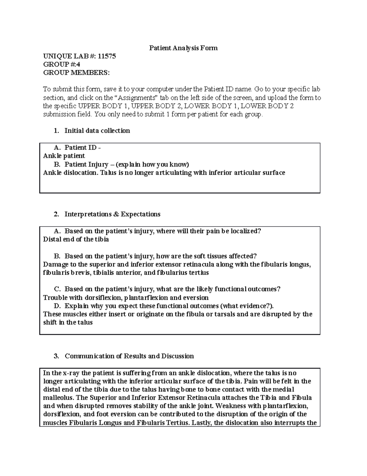 Ankle patient - For lab section. type of injury, soft tissues affected ...