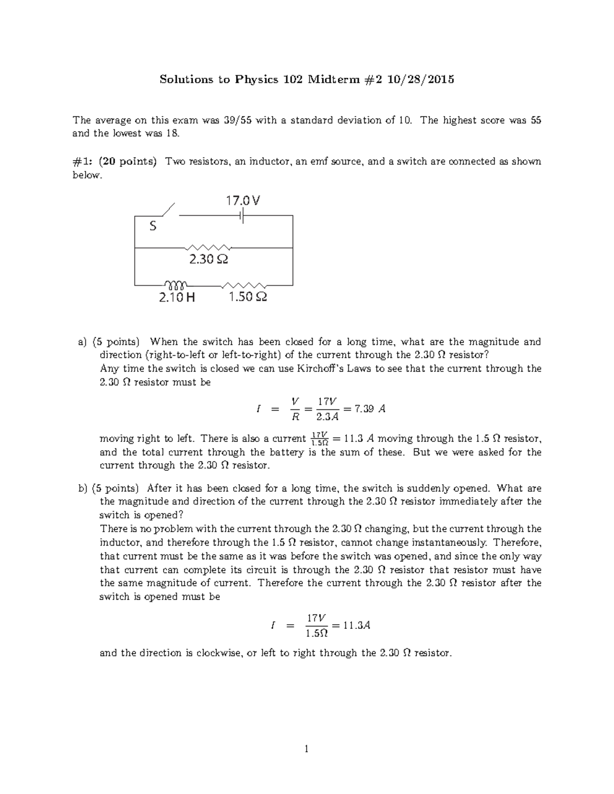 Soln 2 f15 - Practice Questions Solutions for Exam 2 - Solutions to Physics 102 Midterm #2 10/28 ...