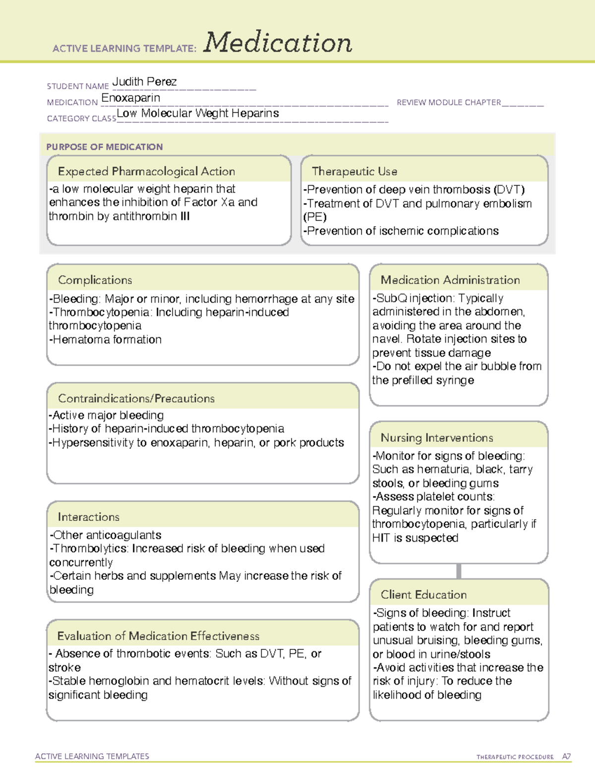Enoxaparin - med card - ACTIVE LEARNING TEMPLATES TherapeuTic procedure ...