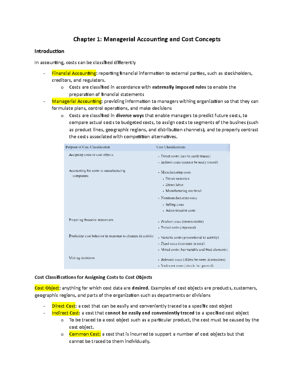Chapter 1 Notes - textbook - Chapter 1: Managerial Accouning and Cost ...