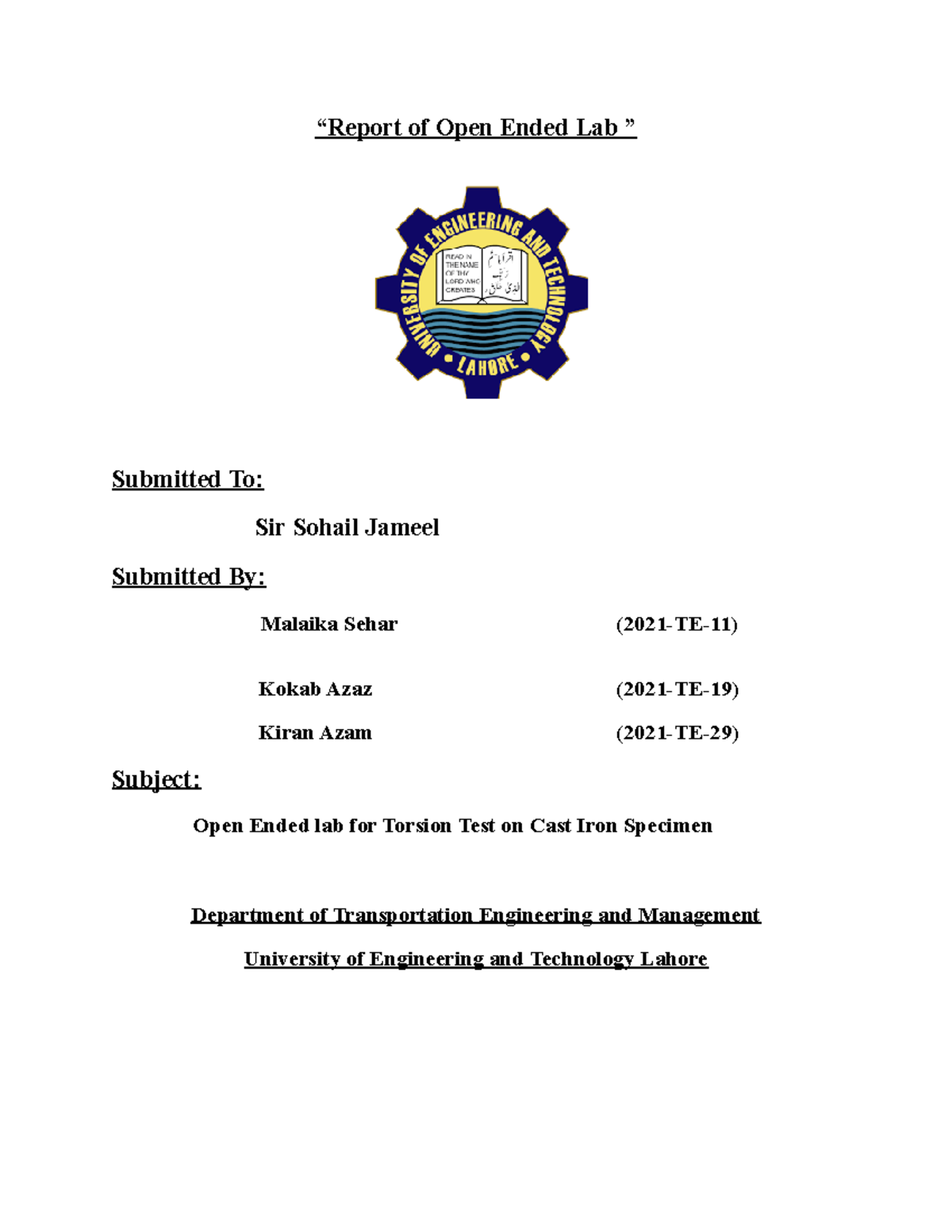 Report Of Open Ended Lab Mos 1 “report Of Open Ended Lab ” Submitted To Sir Sohail Jameel