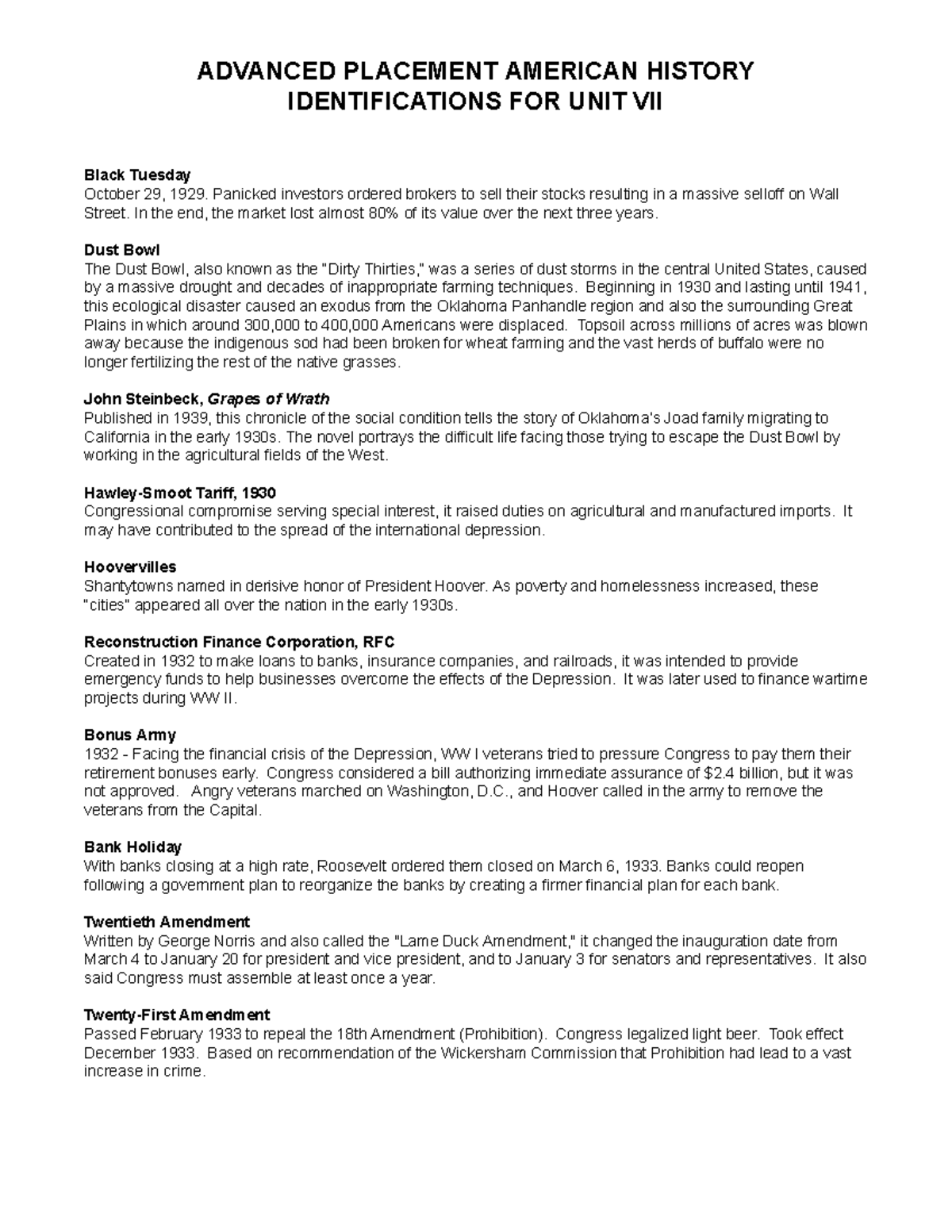 Unit Seven IDs (2020) - notes from unit 7 - ADVANCED PLACEMENT AMERICAN ...
