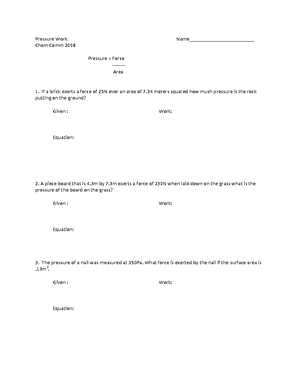 Science 8 Pressure Calculations Worksheet