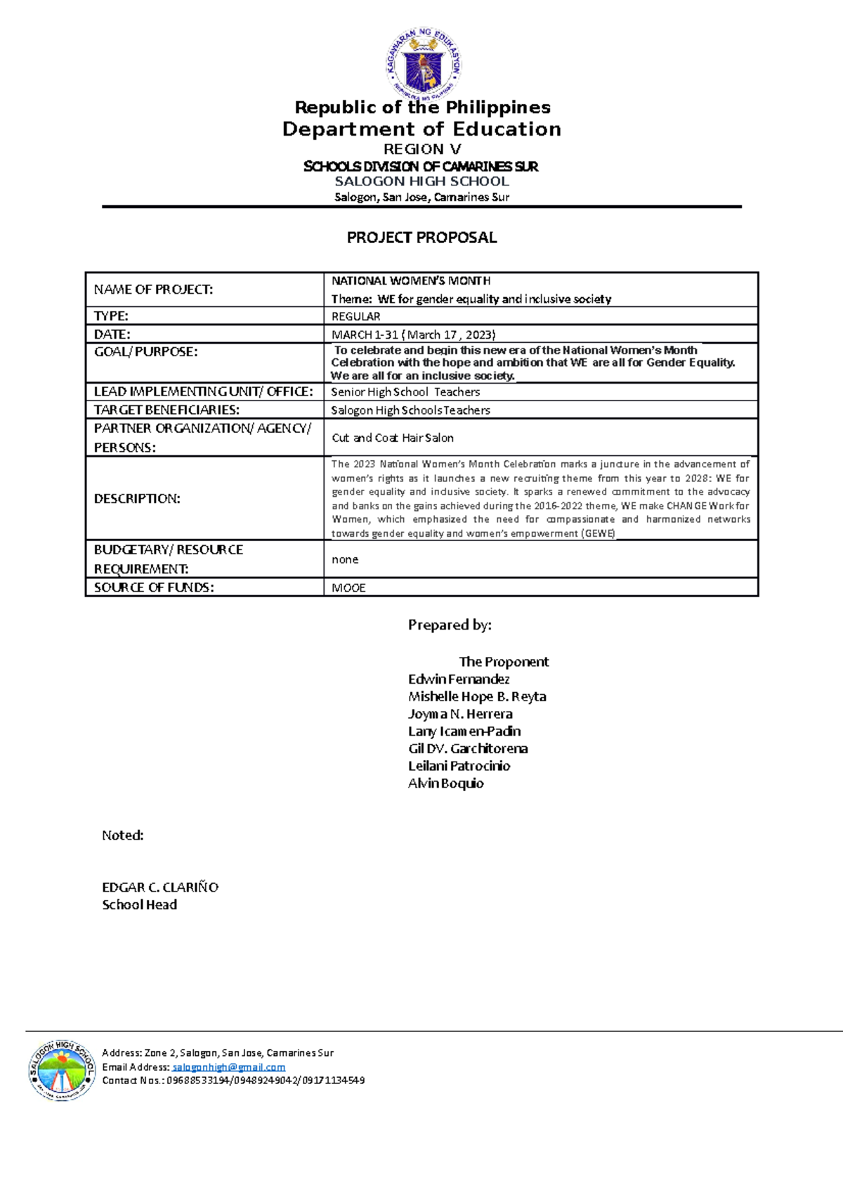 Project-Proposal Women's Month - Republic of the Philippines Department ...