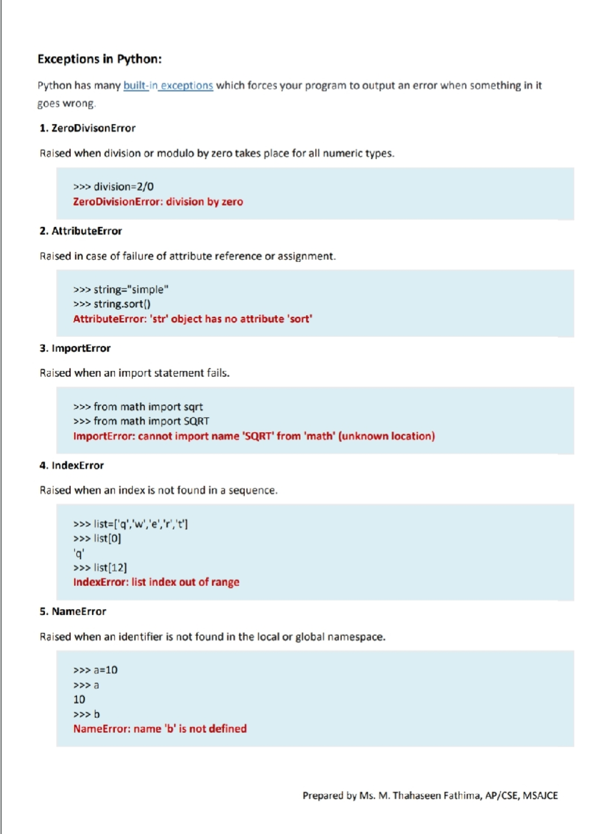 Built In Exception Examples Exceptions In Python Python Has Many