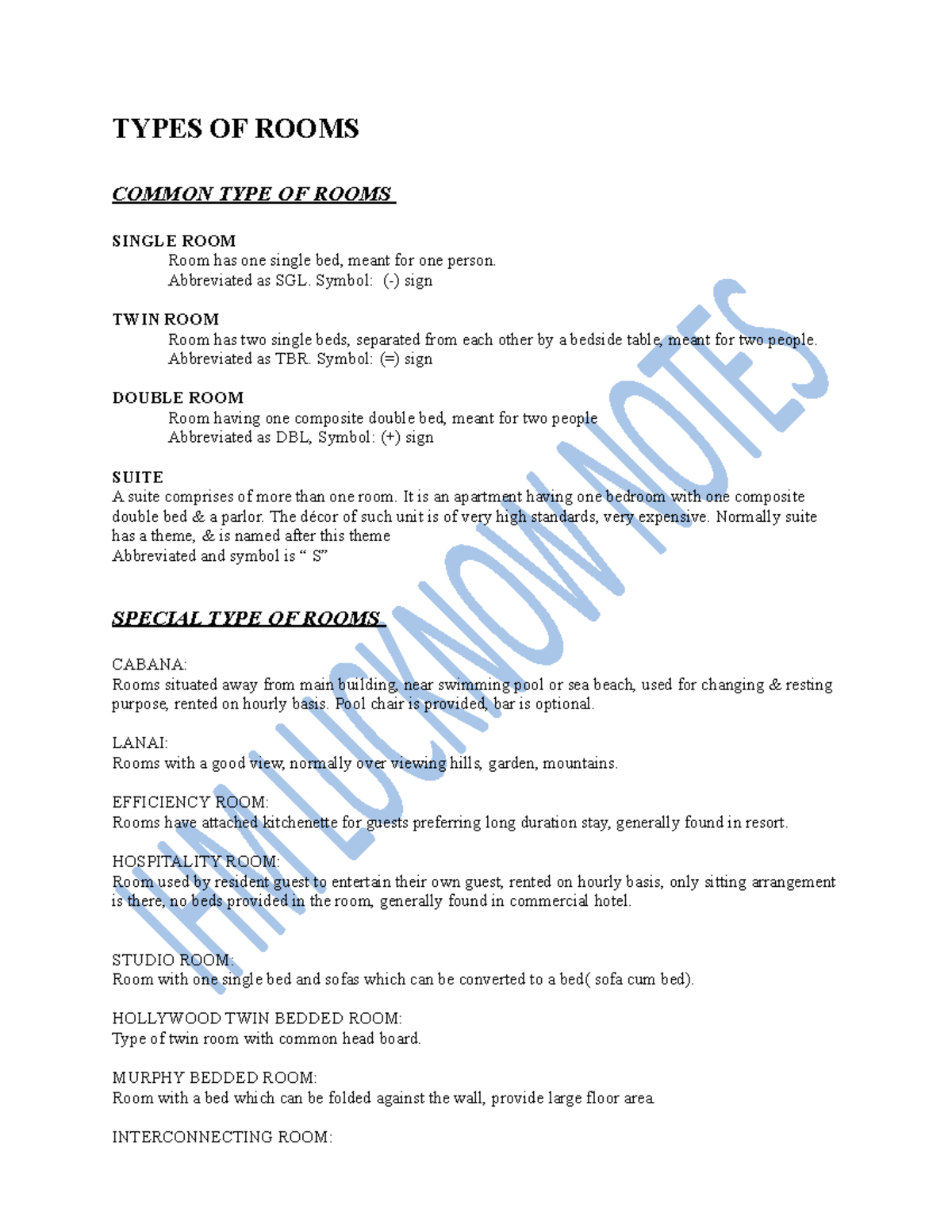 3. Types OF Rooms - TYPES OF ROOMS COMMON TYPE OF ROOMS SINGLE ROOM ...