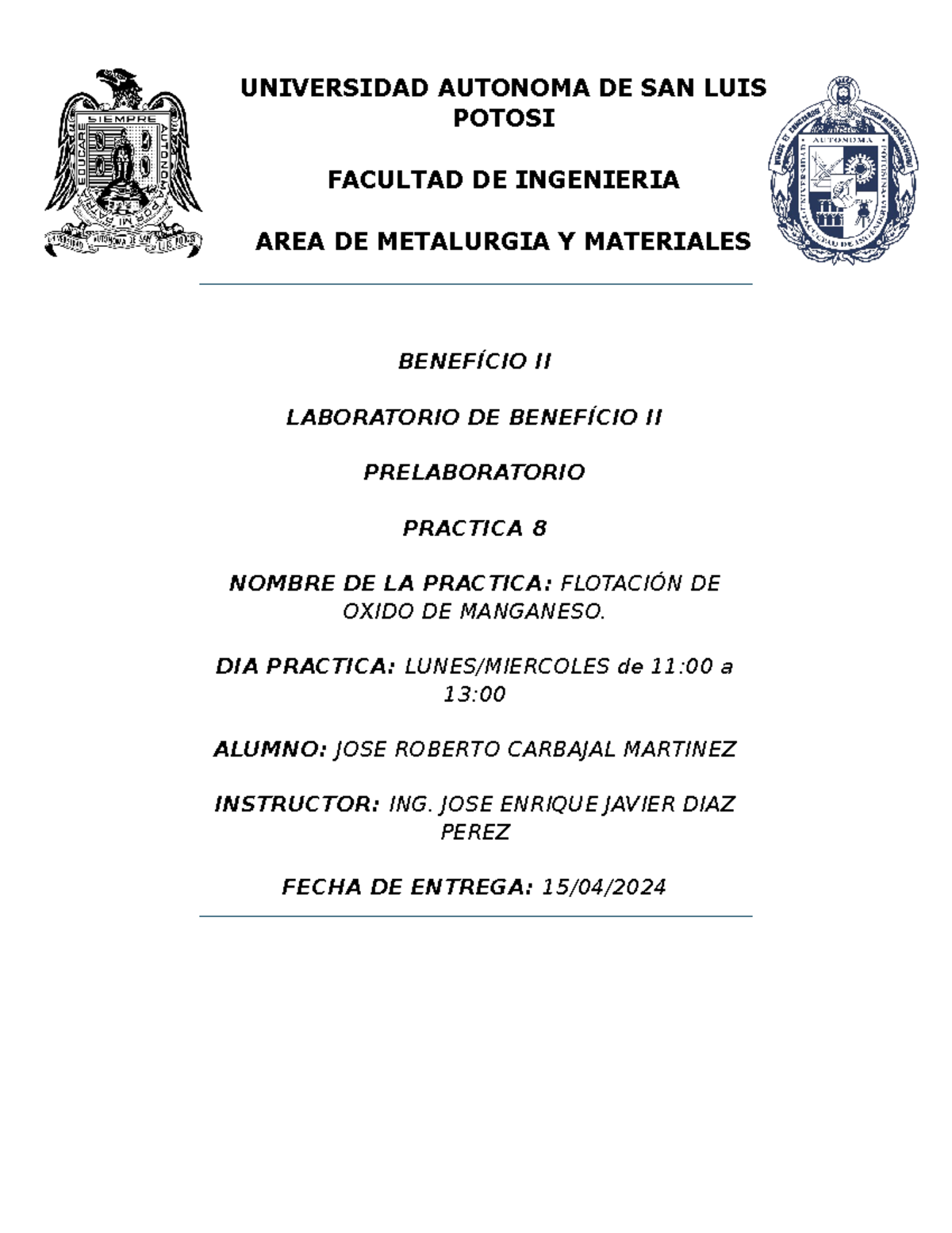 PRE Practica 8 - pre repore - BENEFÍCIO II LABORATORIO DE BENEFÍCIO II ...