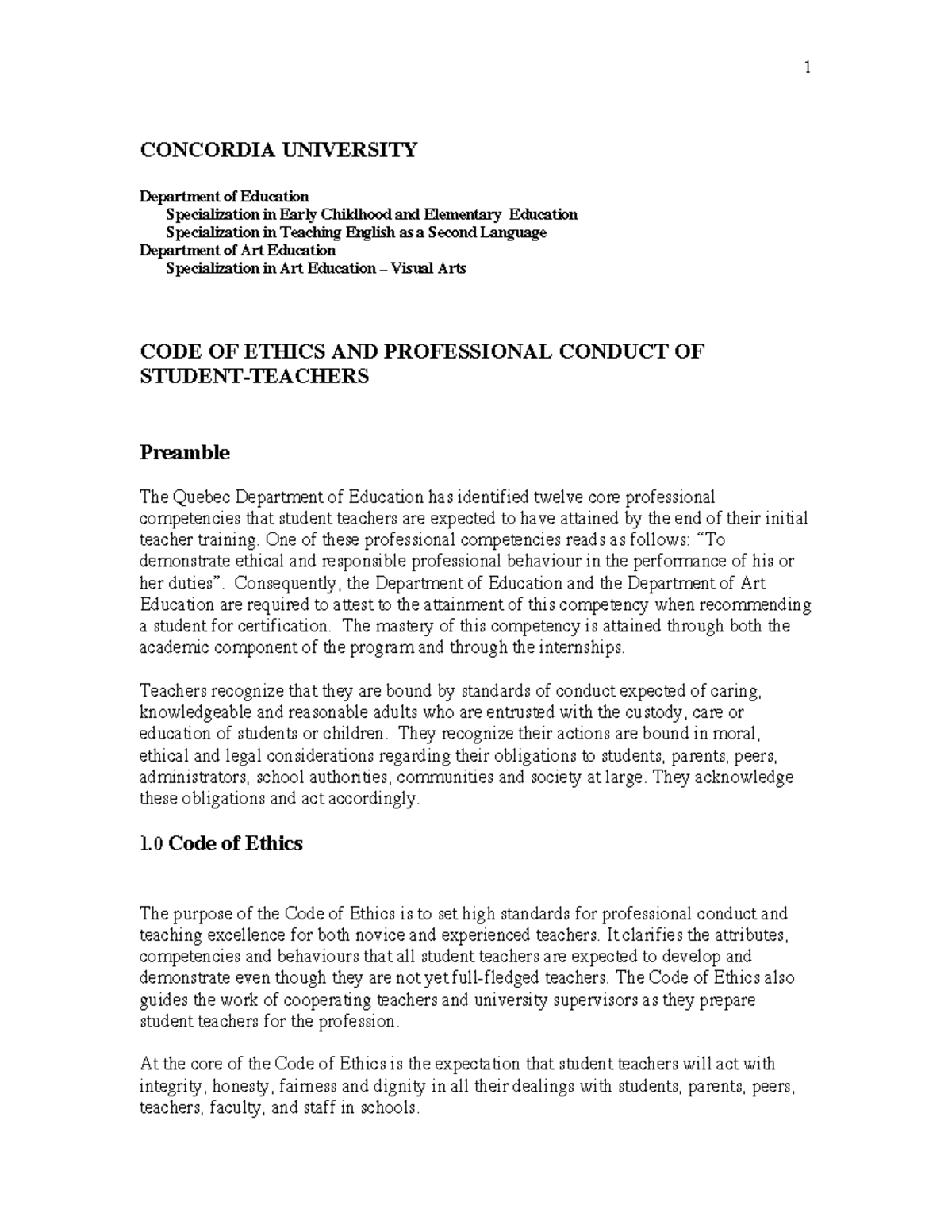 Code of ethics for professional teachers - CONCORDIA UNIVERSITY ...