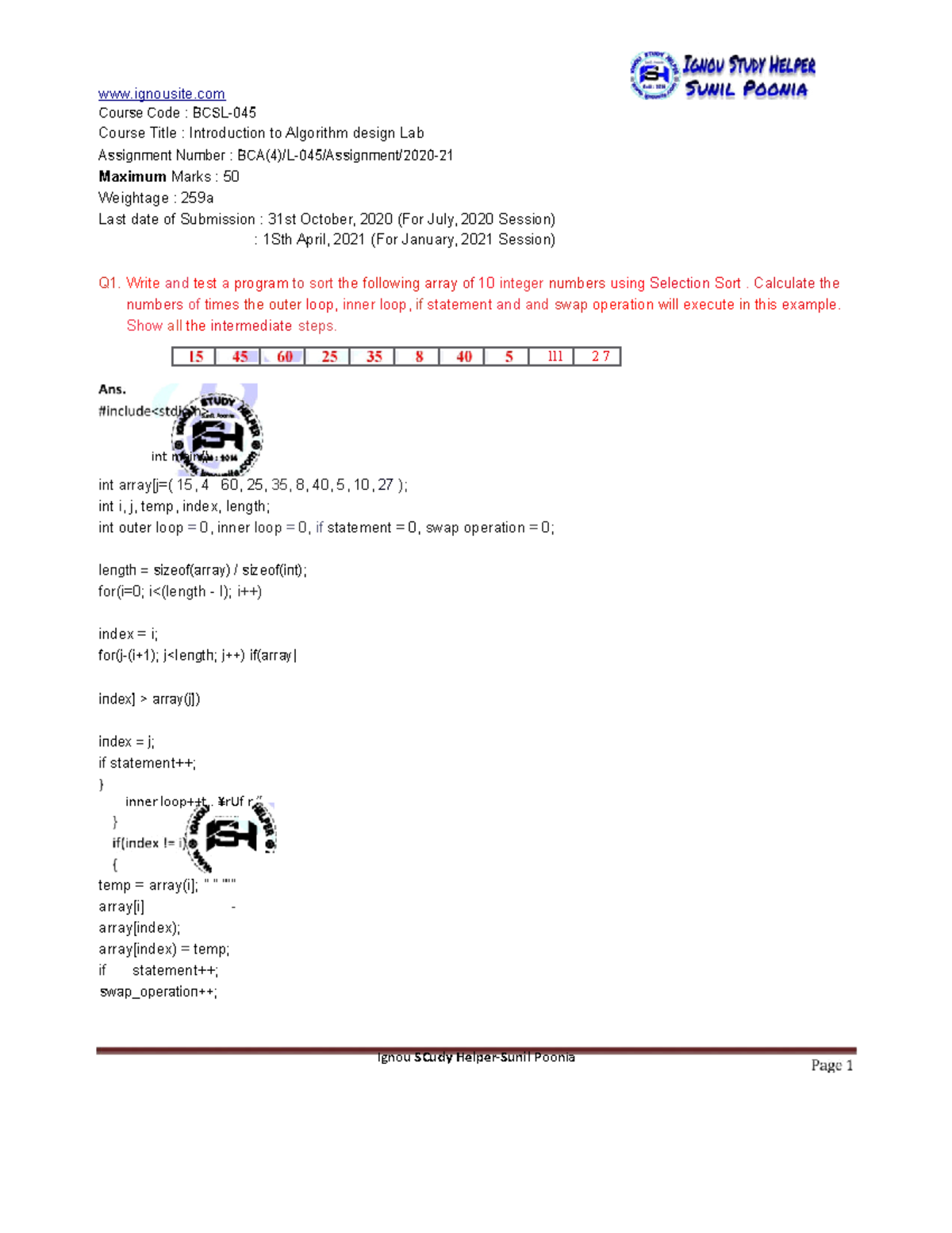 BCSL-045 2020-21 Solved Assignments (all correct answers) - ignousite int main() inner loop++t ...