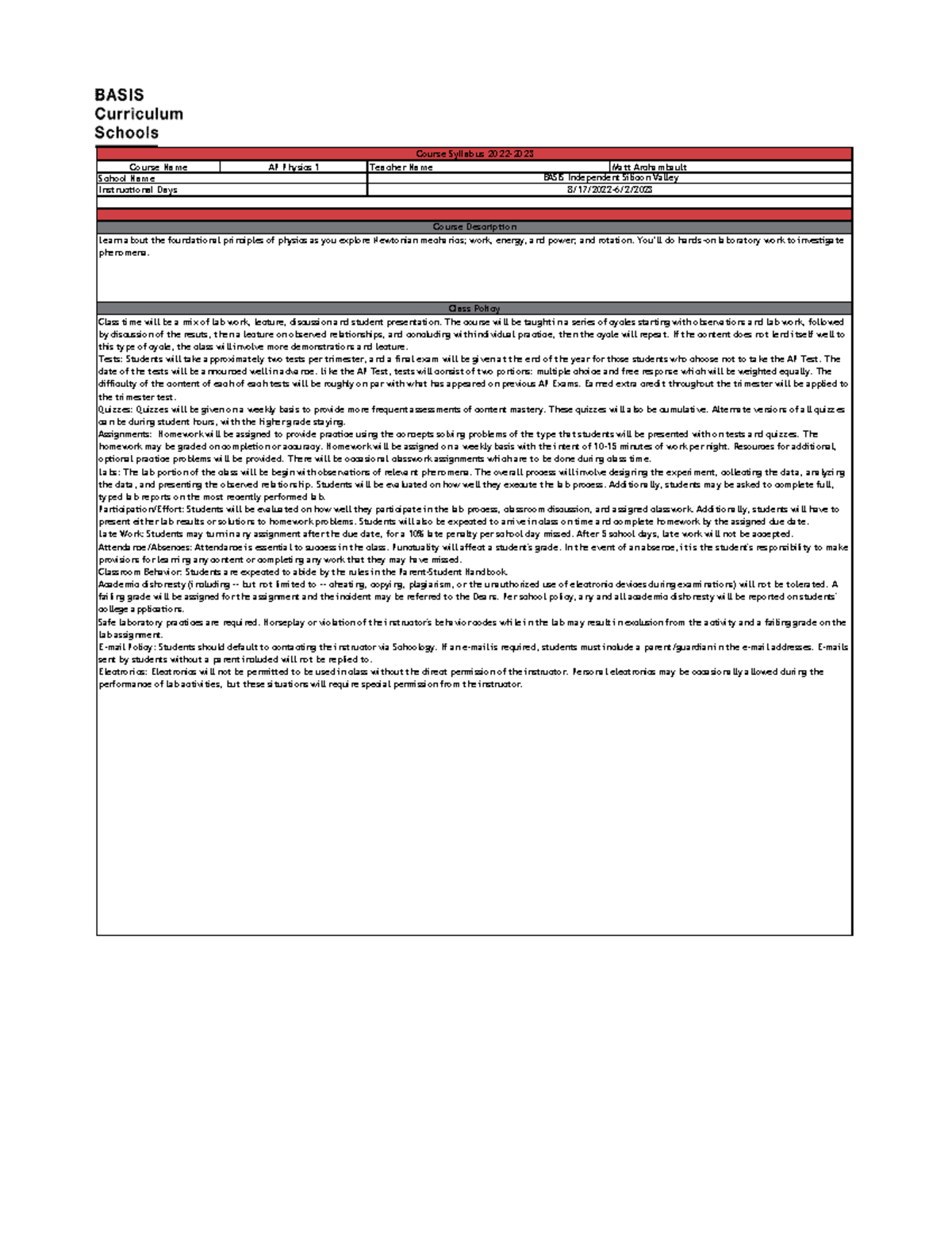 Archambault Syllabus APPhysics 1 - Teacher Name Matt Archambault Course ...