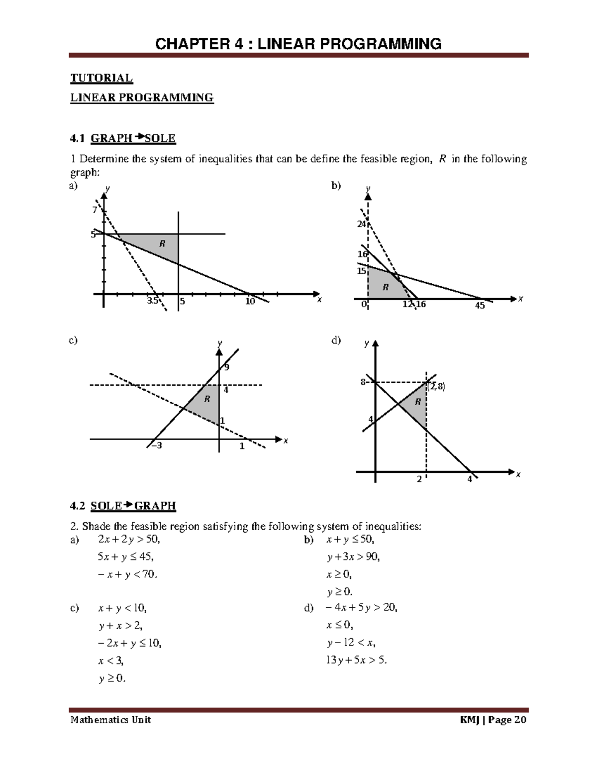Tuto quest - AM025 chapt 4 - TUTORIAL LINEAR PROGRAMMING 4 GRAPH SOLE 1 Determine the system of ...