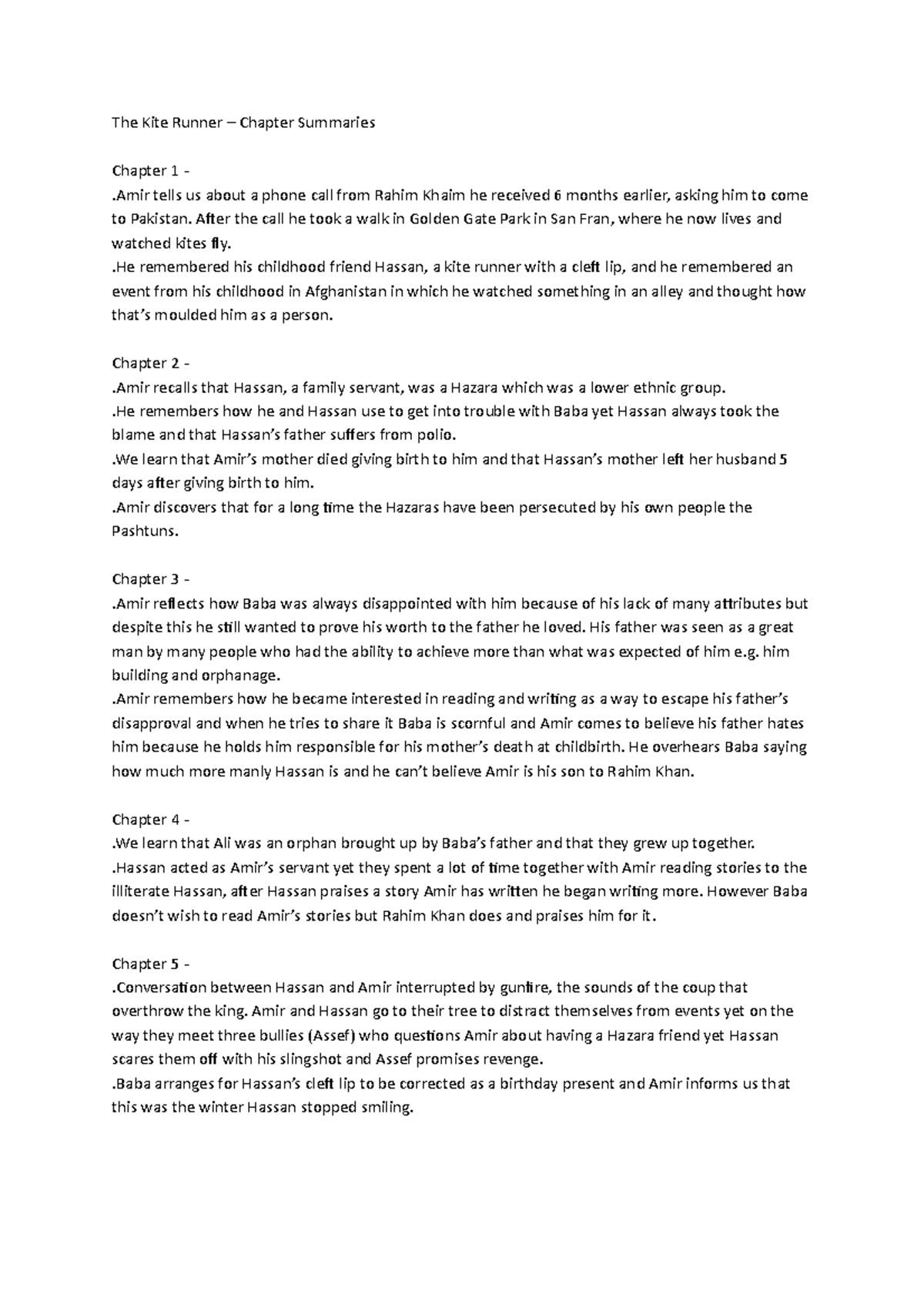 TKM Summary 1 - Notes - The Kite Runner – Chapter Summaries Chapter 1 ...