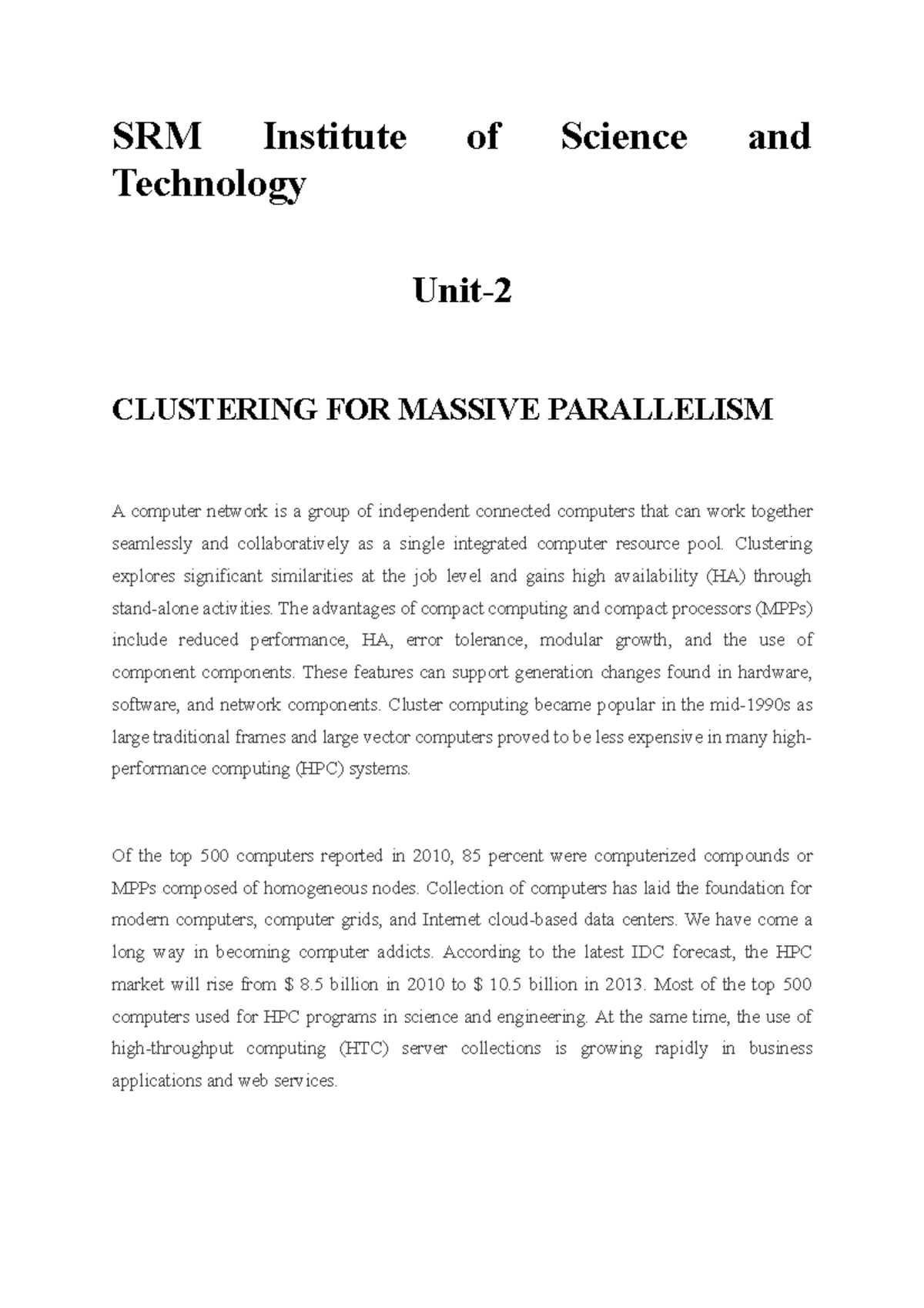 Clustering For Massive Parallelism Srm Institute Of Science And Technology Unit Clustering