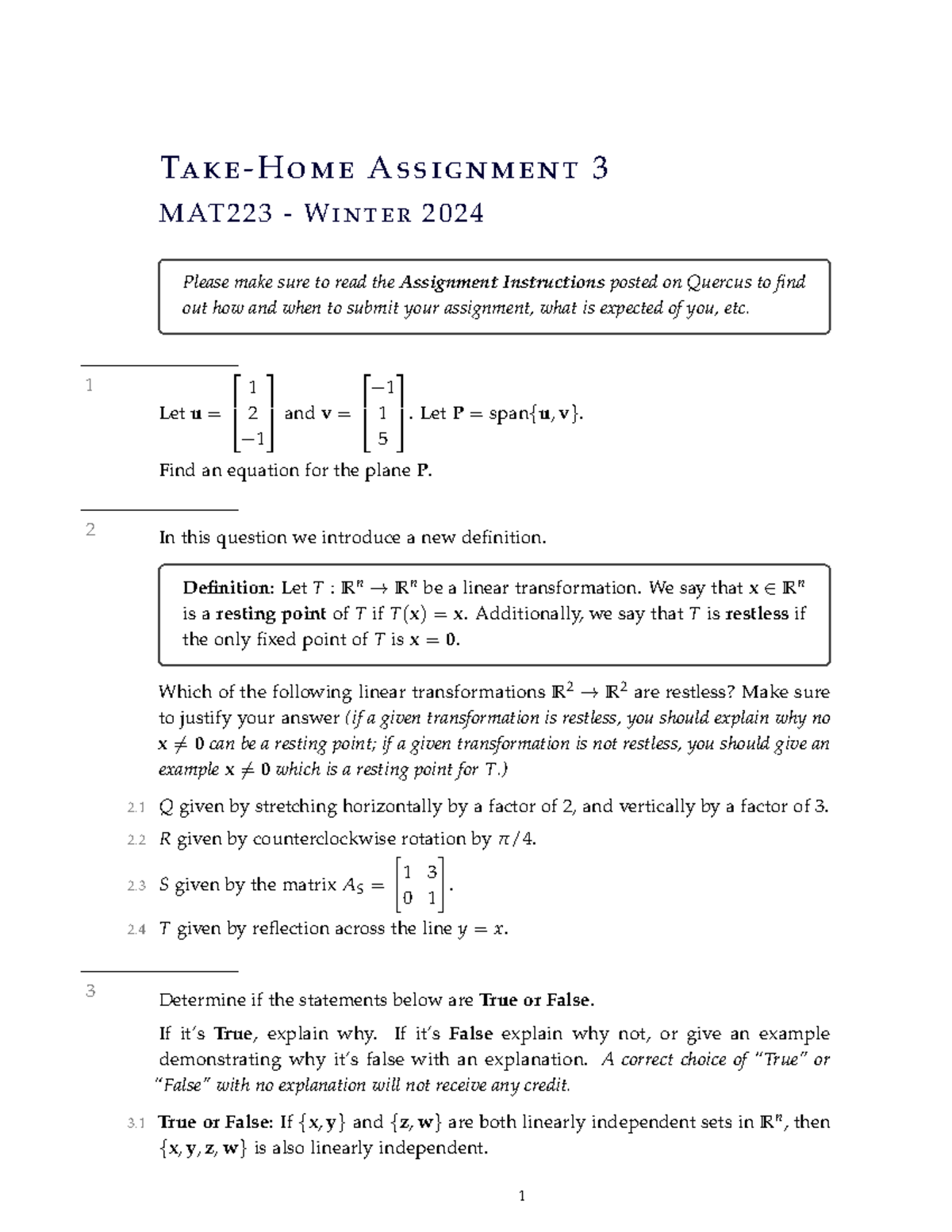 MAT223 Assignment 3 - Take -Home A s s i g n m e n t 3 M AT 2 2 3 - Wi n t e r 2 0 2 4 Please ...