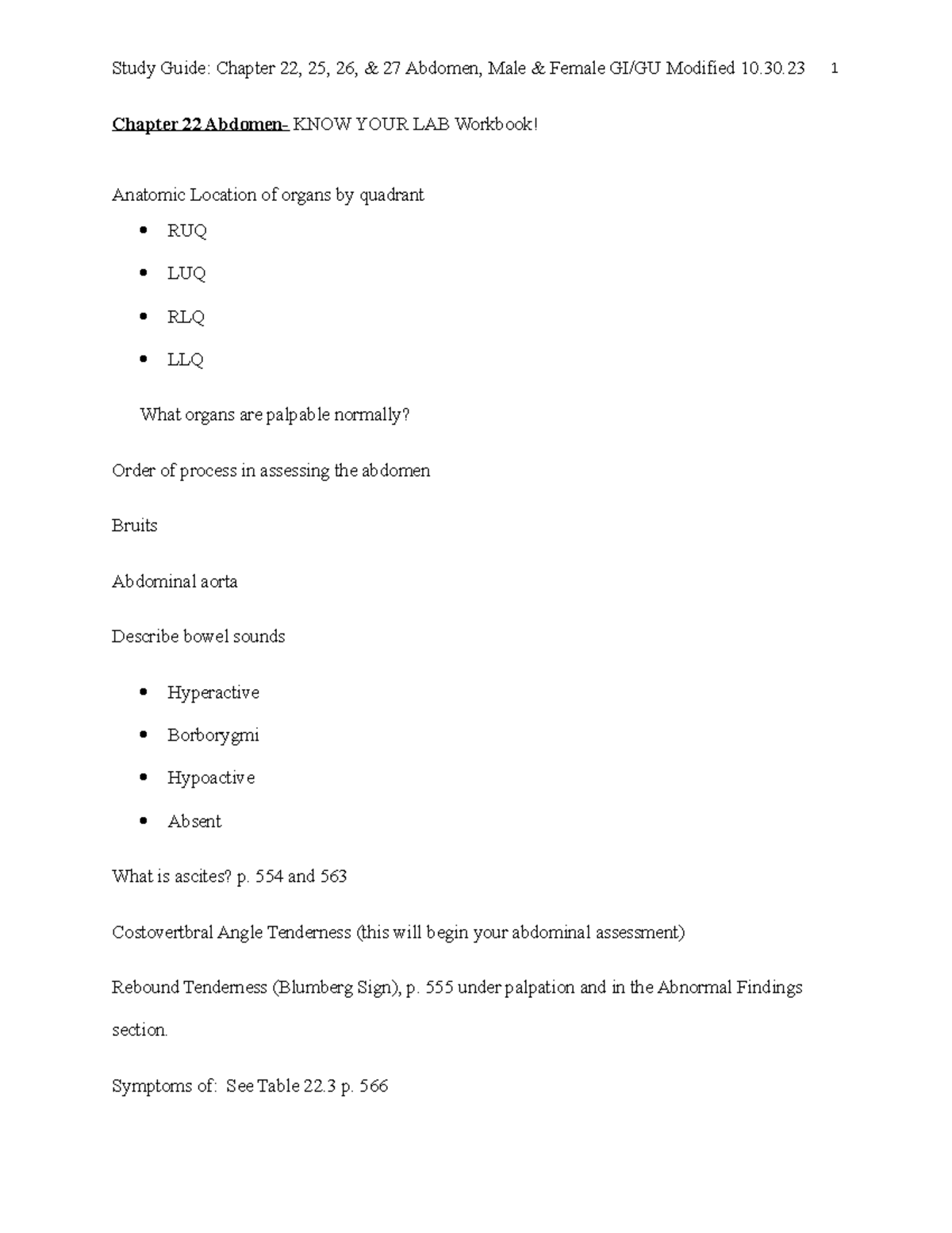 Study Guide Chapter 22, 25, 26, 27 Abdomen male female GI Gu Modified ...