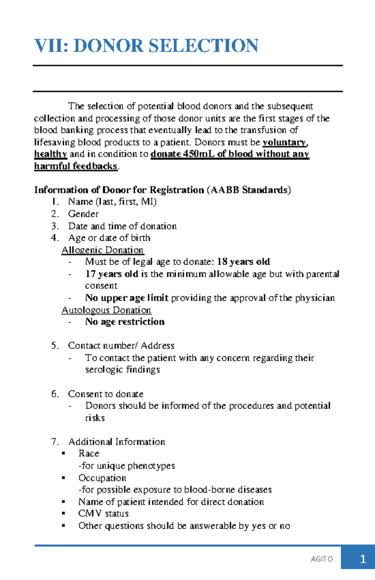 7 Donorselection - summaries - VII: DONOR SELECTION The selection of ...