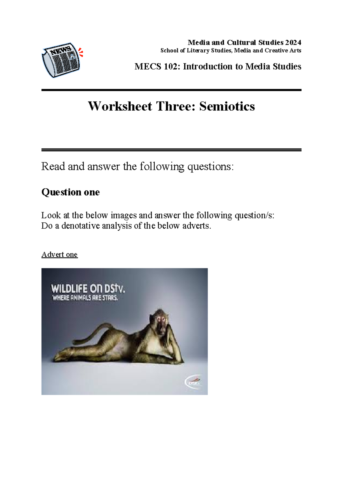 MECS 102 Tutorial Worksheet 3 (Semiotics) - Media and Cultural Studies ...