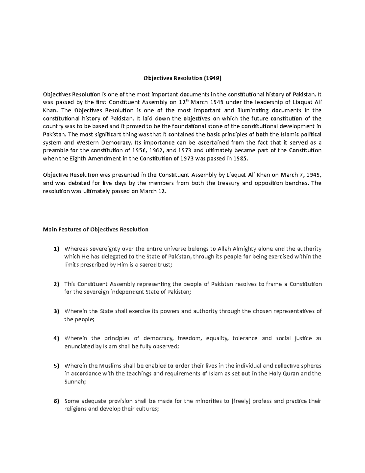 Objectives Resolution 1949 - Objectives Resolution (1949) Objectives ...