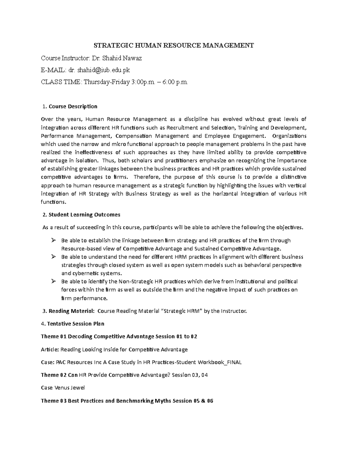 Strategic Human Resource Management Course Outline - STRATEGIC HUMAN ...