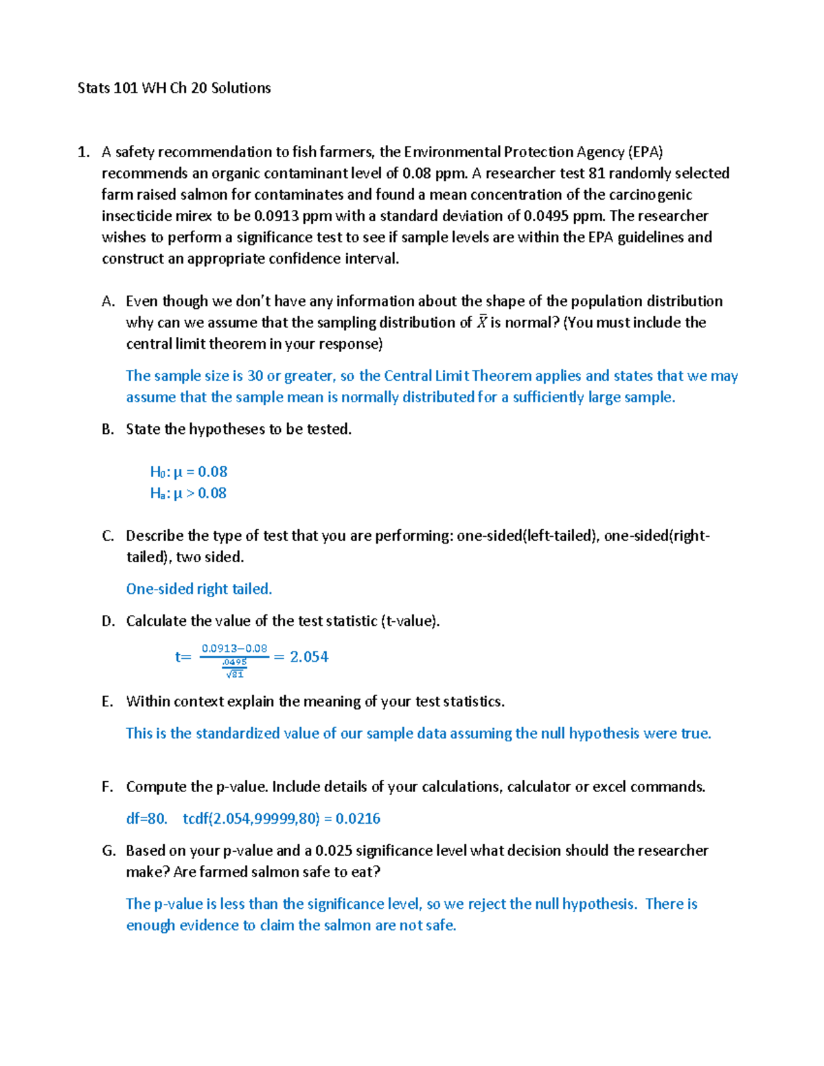 Stats 101 WH CH 20 Solution(2) - Stats 101 WH Ch 20 Solutions A safety ...