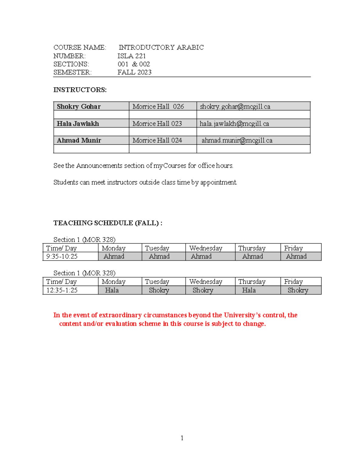 ISLA 521 Fall 2023 Syllabus - COURSE NAME: INTRODUCTORY ARABIC NUMBER ...