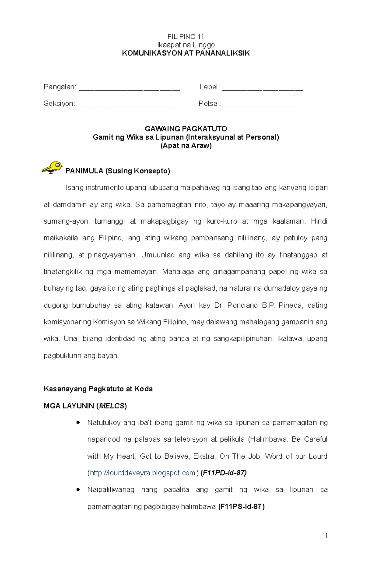 F11 W4 LAS Manalac Fgnmhs - FILIPINO 11 Ikaapat na Linggo KOMUNIKASYON ...