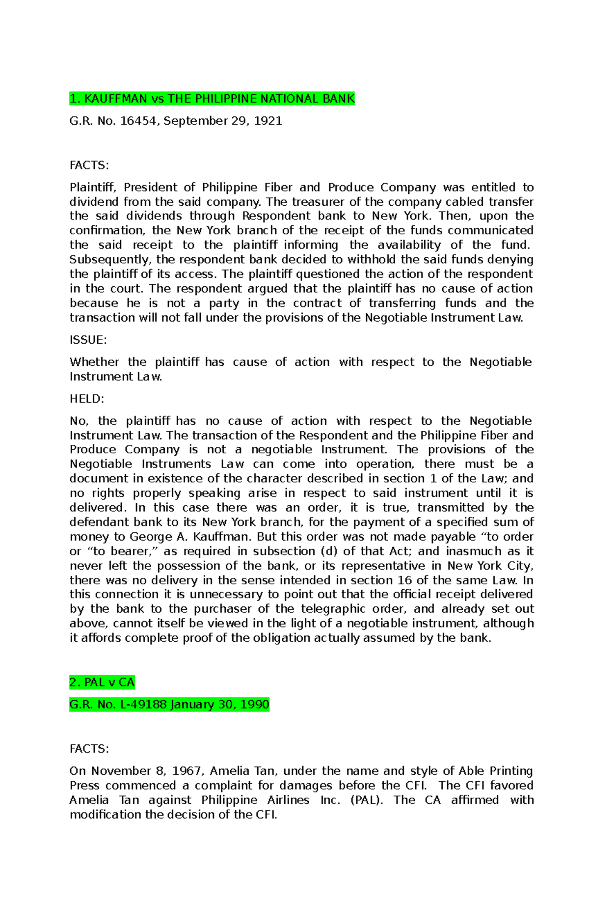 CASE- Digest NIL - KAUFFMAN vs THE PHILIPPINE NATIONAL BANK G. No ...