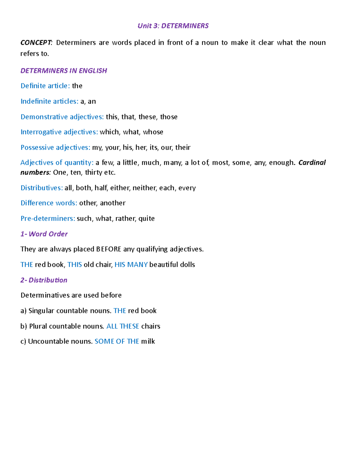 Unit 3- Determiners - Unit 3: DETERMINERS CONCEPT: Determiners are ...