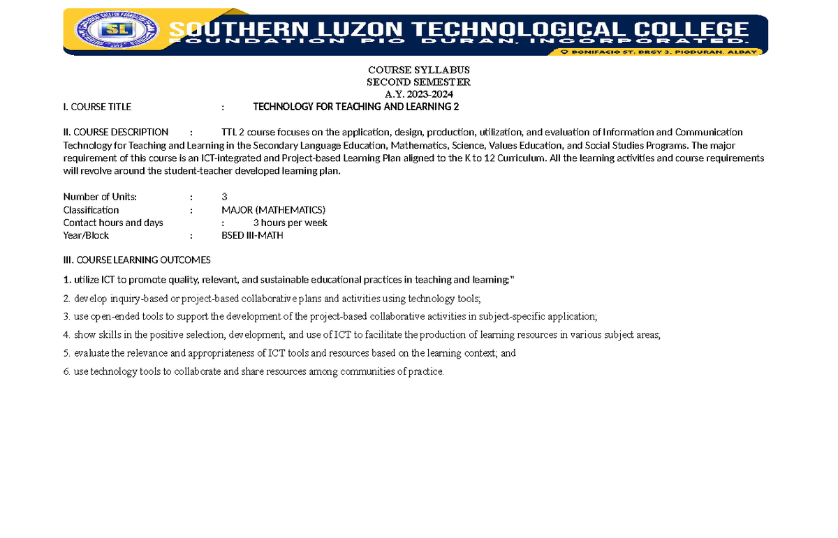 Syllabus -Technology for Teaching and Learning 2 - COURSE SYLLABUS ...